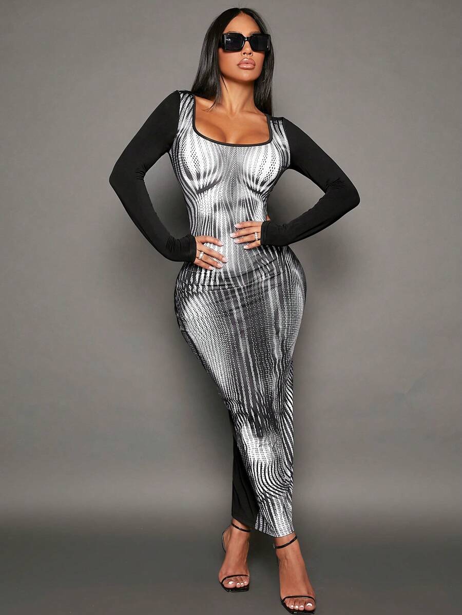 SHEIN SXY Graphic Print Scoop Neck Bodycon Dress Date Night Dress ...
