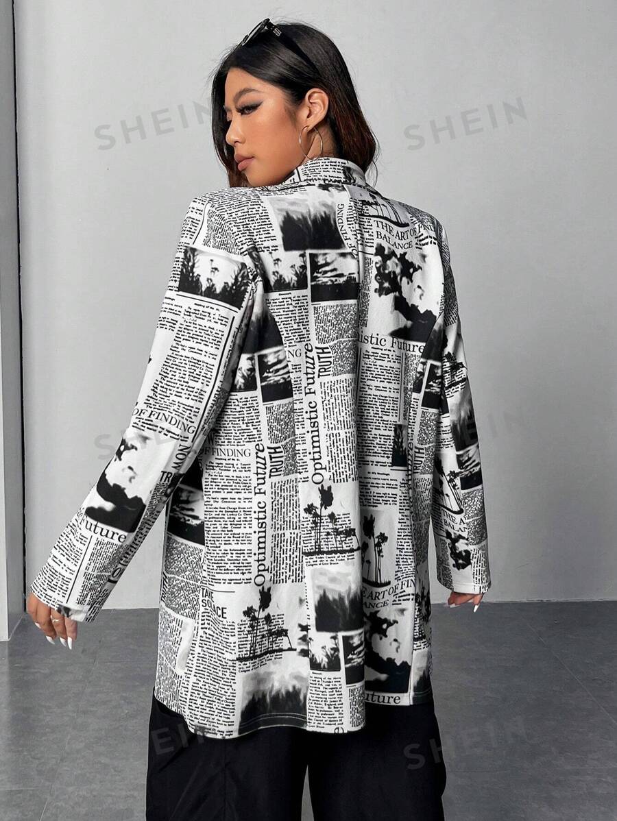 SHEIN EZwear Plus Newspaper Print Single Button Blazer | SHEIN USA