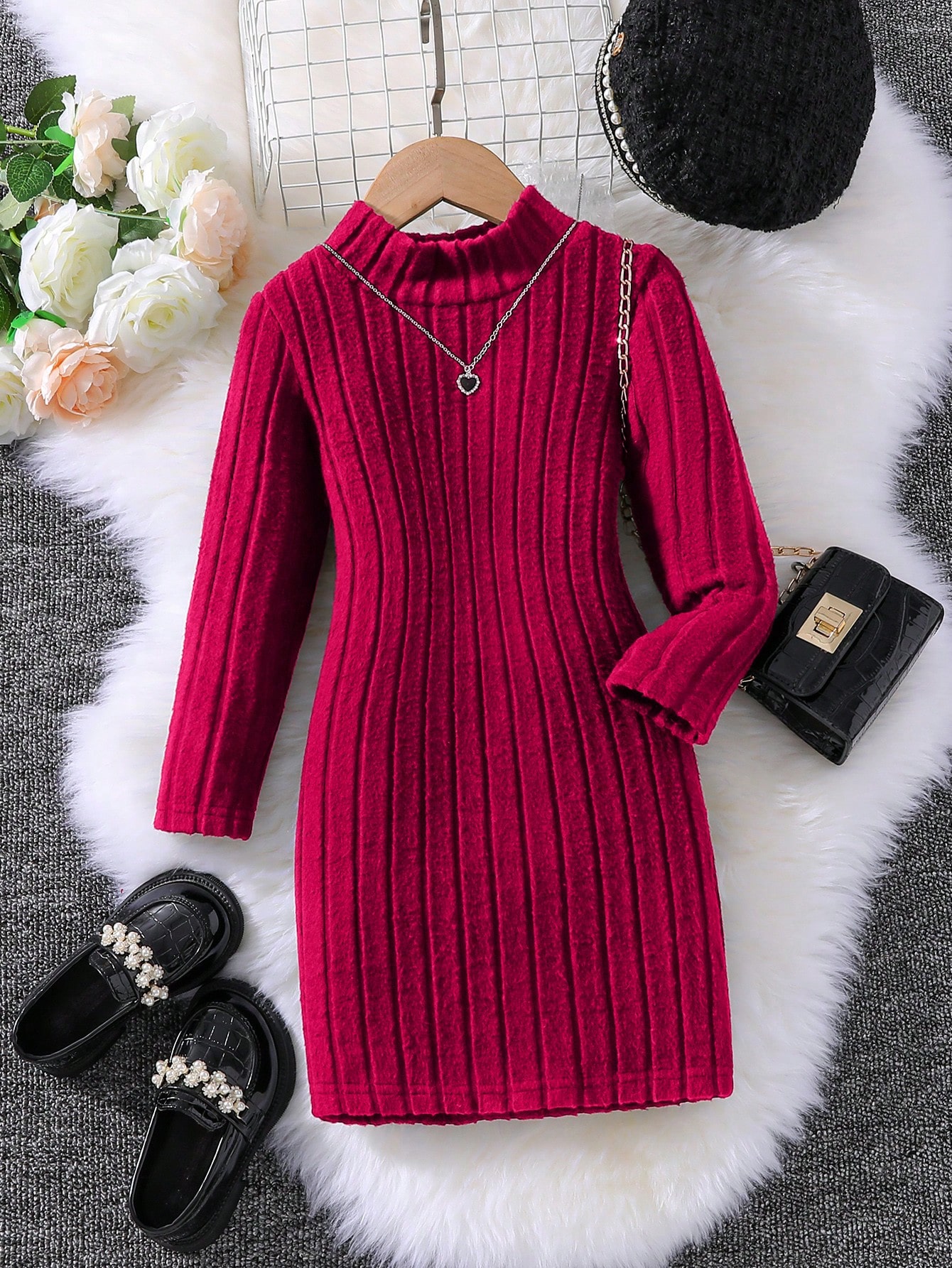 SHEIN Young Girl Mock Neck Ribbed Knit Dress for Christmas | SHEIN USA