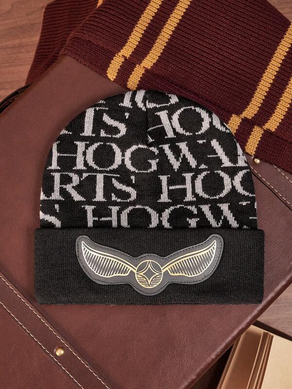 HARRY POTTER X SHEIN Golden Snitch Letter Embellished Black Knit Hat ...