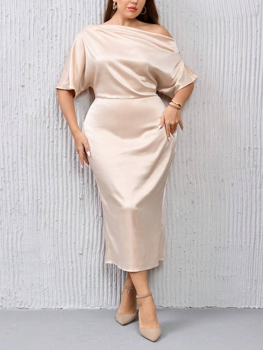 SHEIN Privé Plus Asymmetrical Neck Batwing Sleeve Satin Dress | SHEIN USA