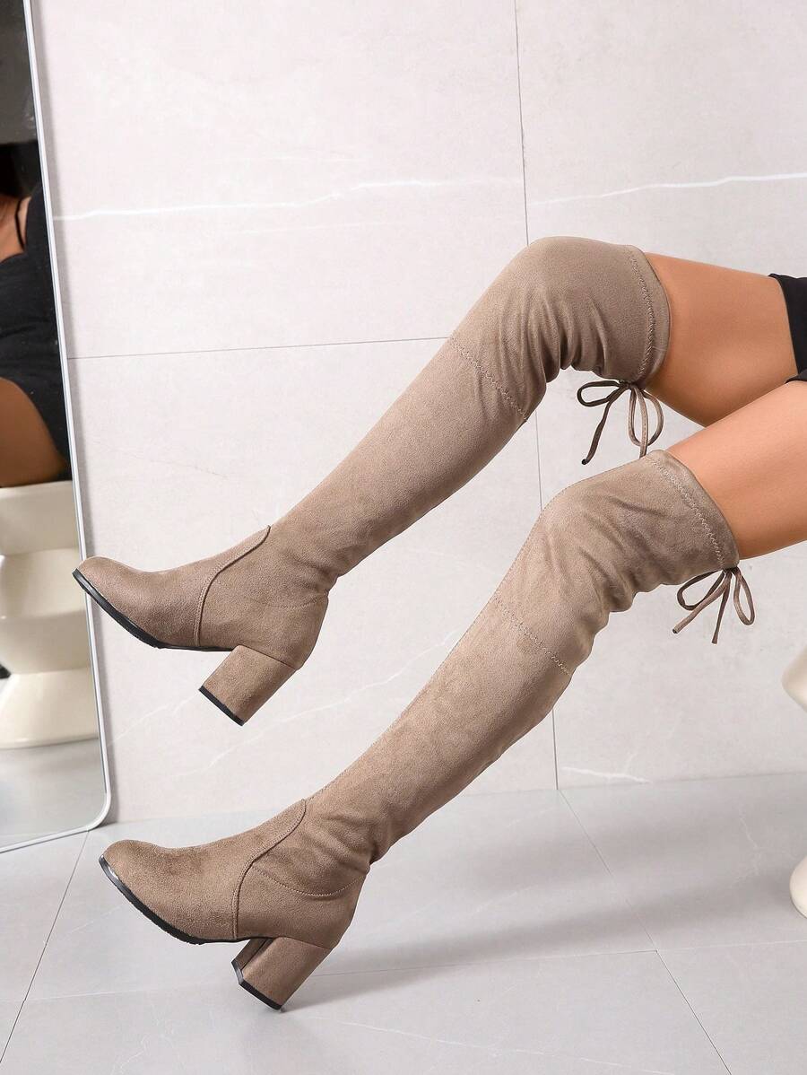 Women's Autumn-winter Fashion Chunky High Heel Suede Round Toe Over-the ...