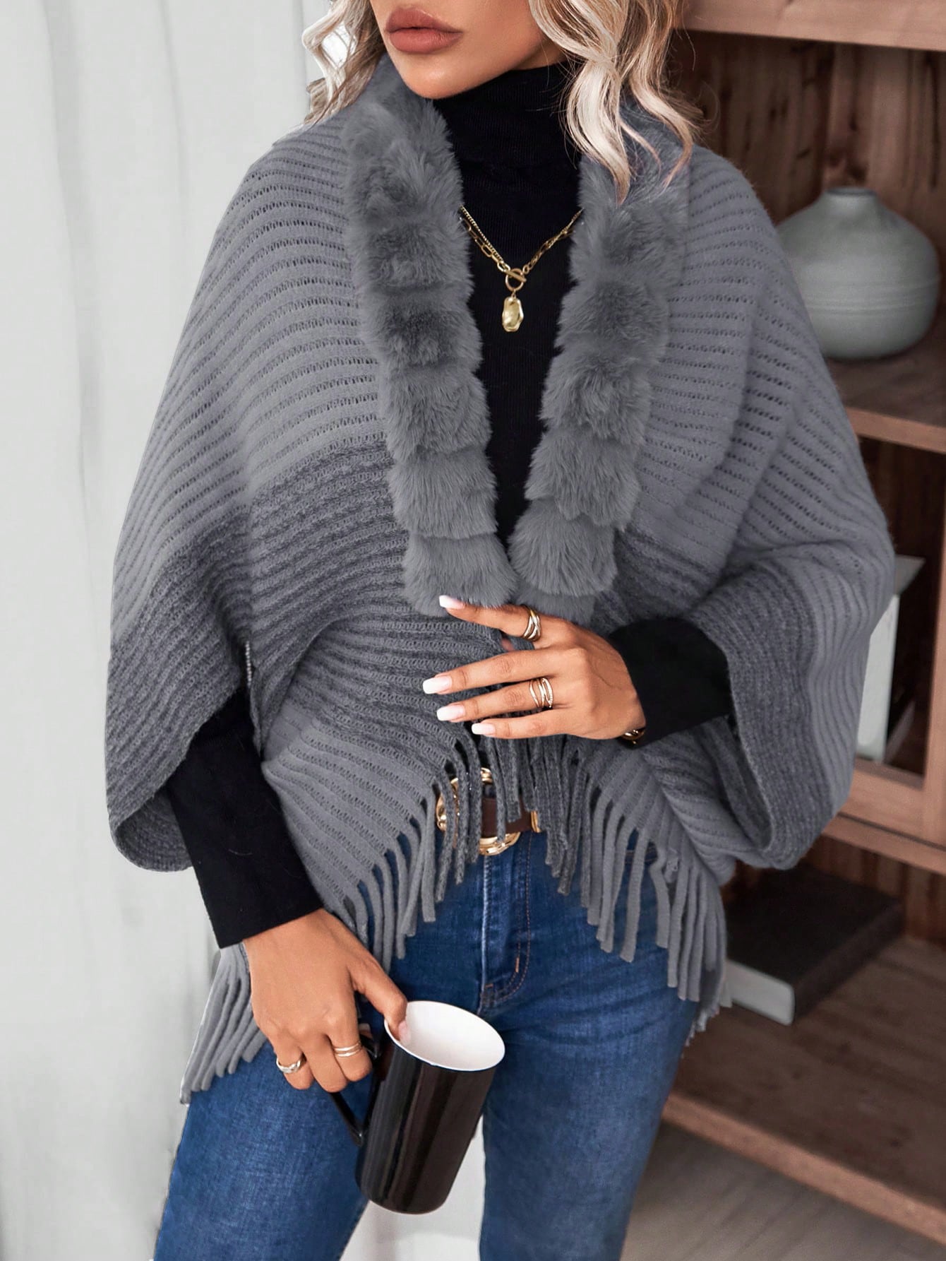 Fuzzy Trim Fringe Hem Batwing Sleeve Cardigan | SHEIN USA