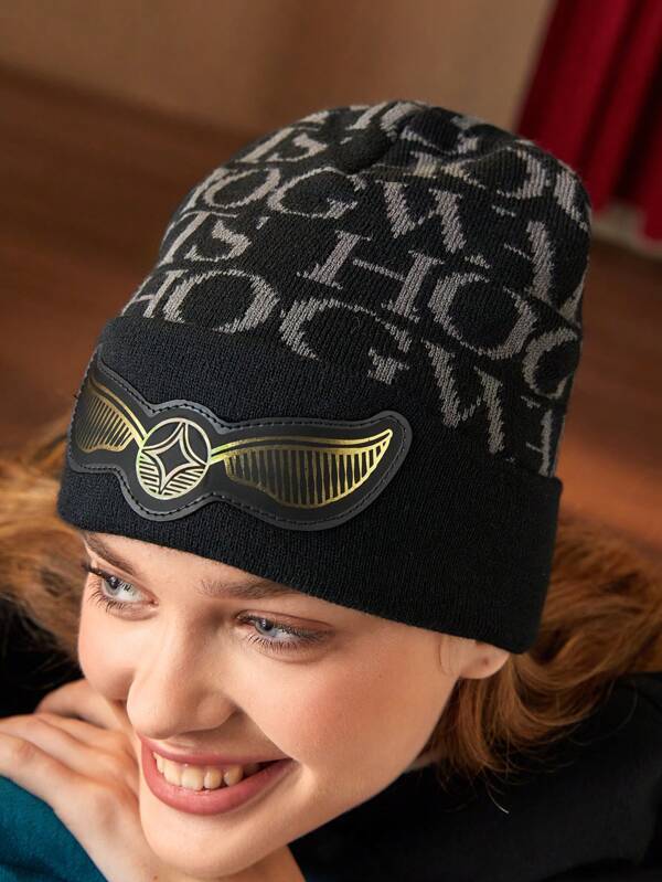 HARRY POTTER X SHEIN Golden Snitch Letter Embellished Black Knit Hat ...