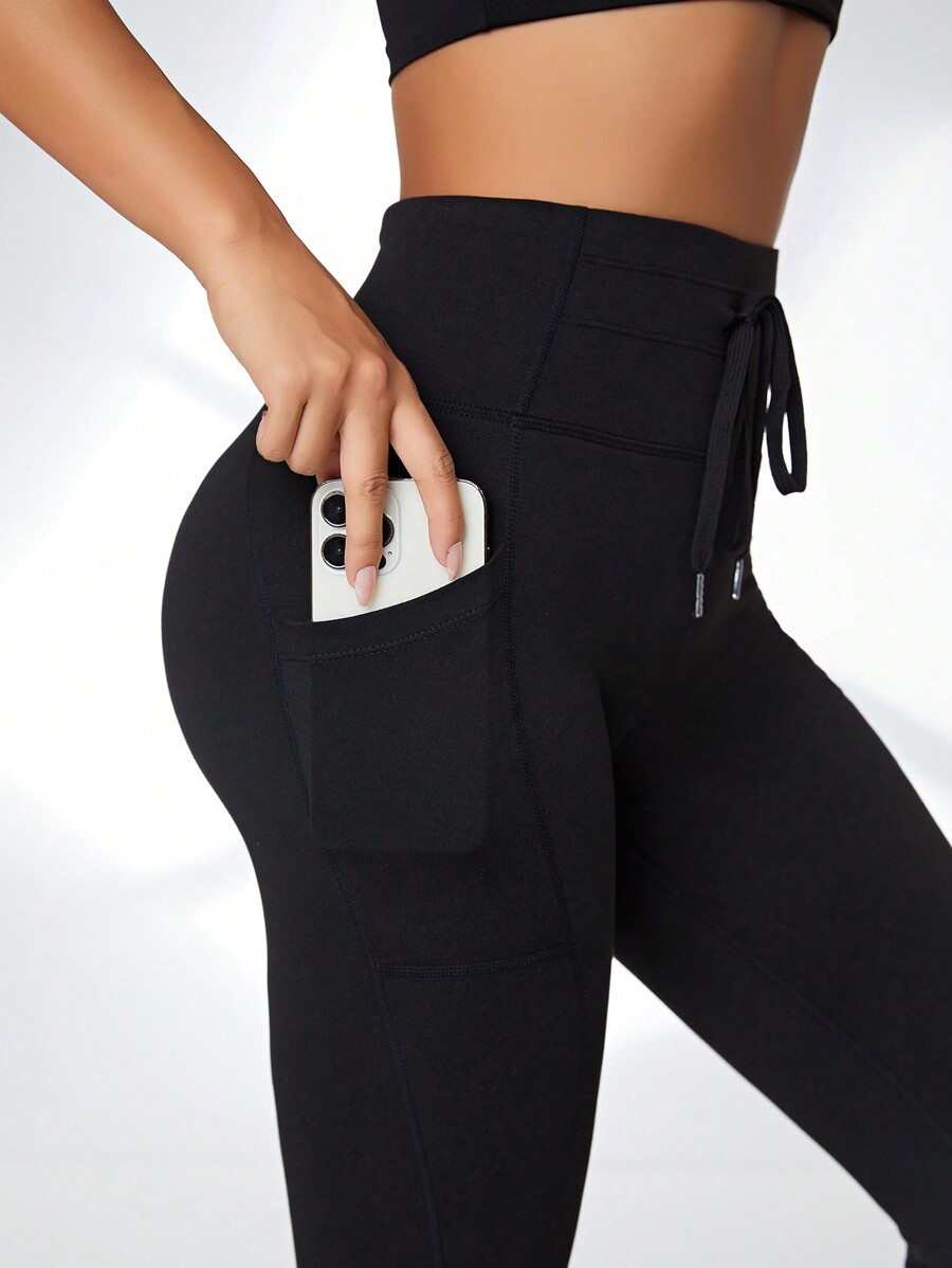 SHEIN Sport Studio Solid Drawstring Waist Pocket Side Sports Leggings ...