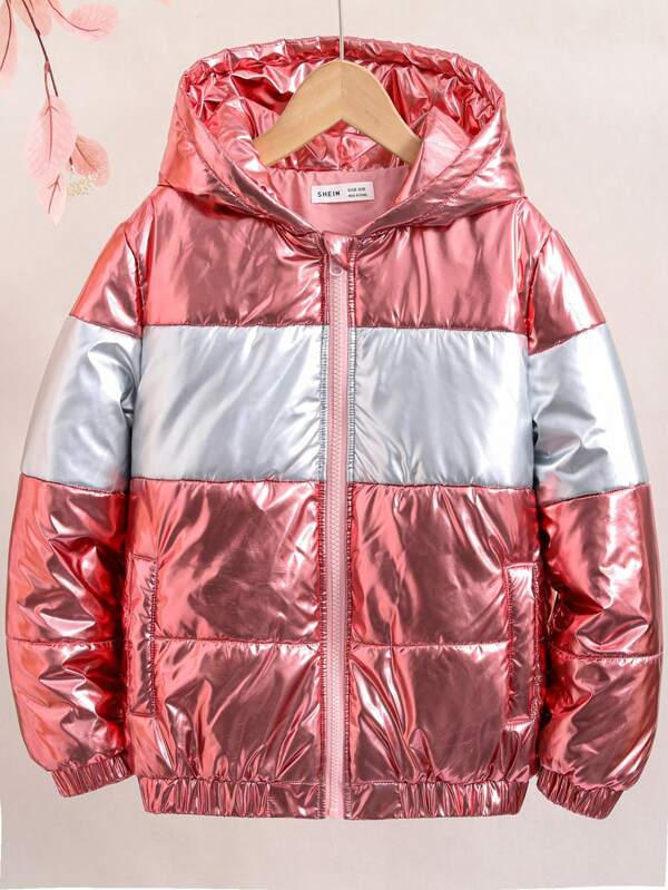 Tween Girl Colorblock Metallic Hooded Puffer Coat | SHEIN USA