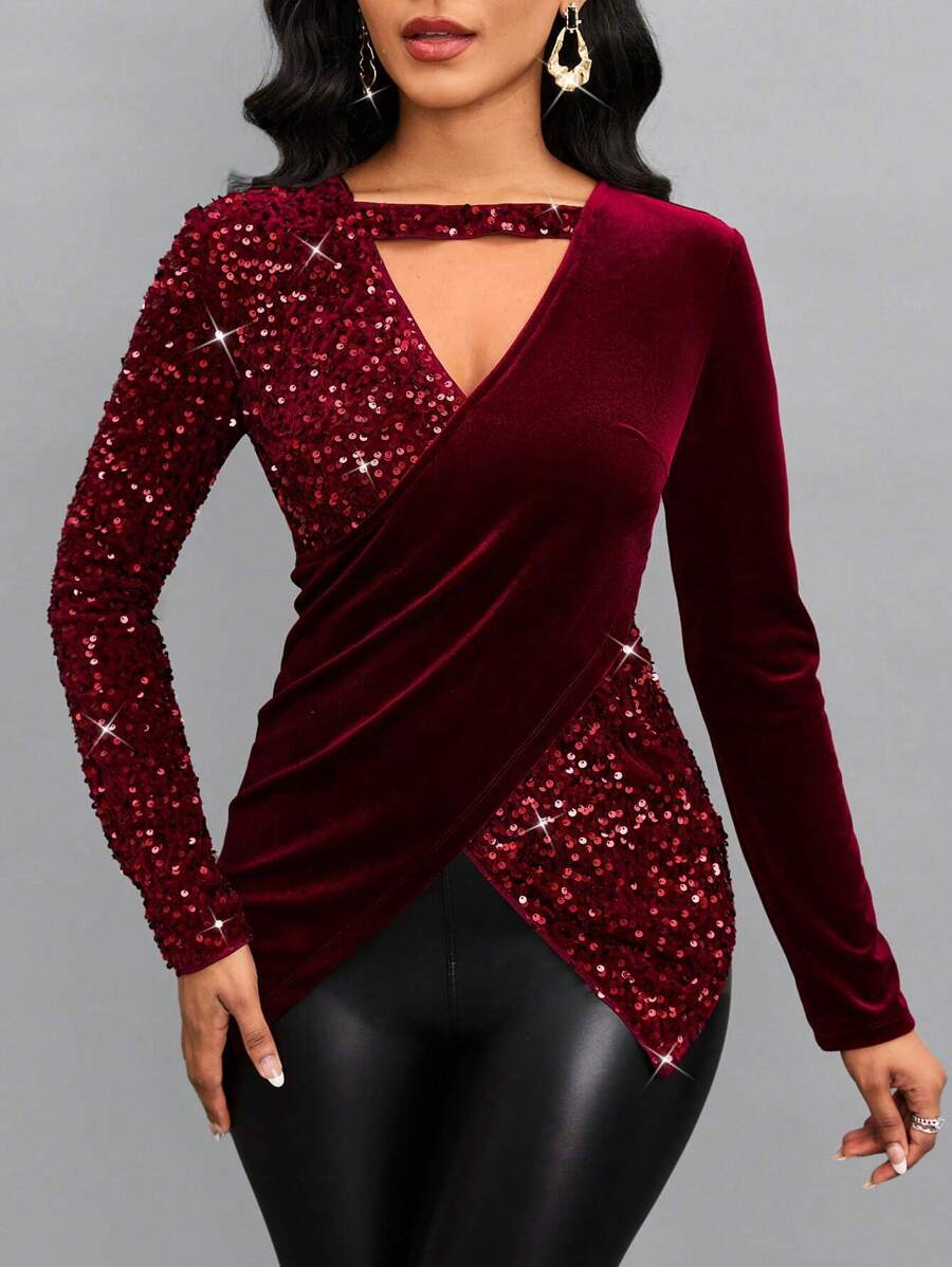 SHEIN Lady Cut Out Wrap Cross Sequin Tee | SHEIN USA