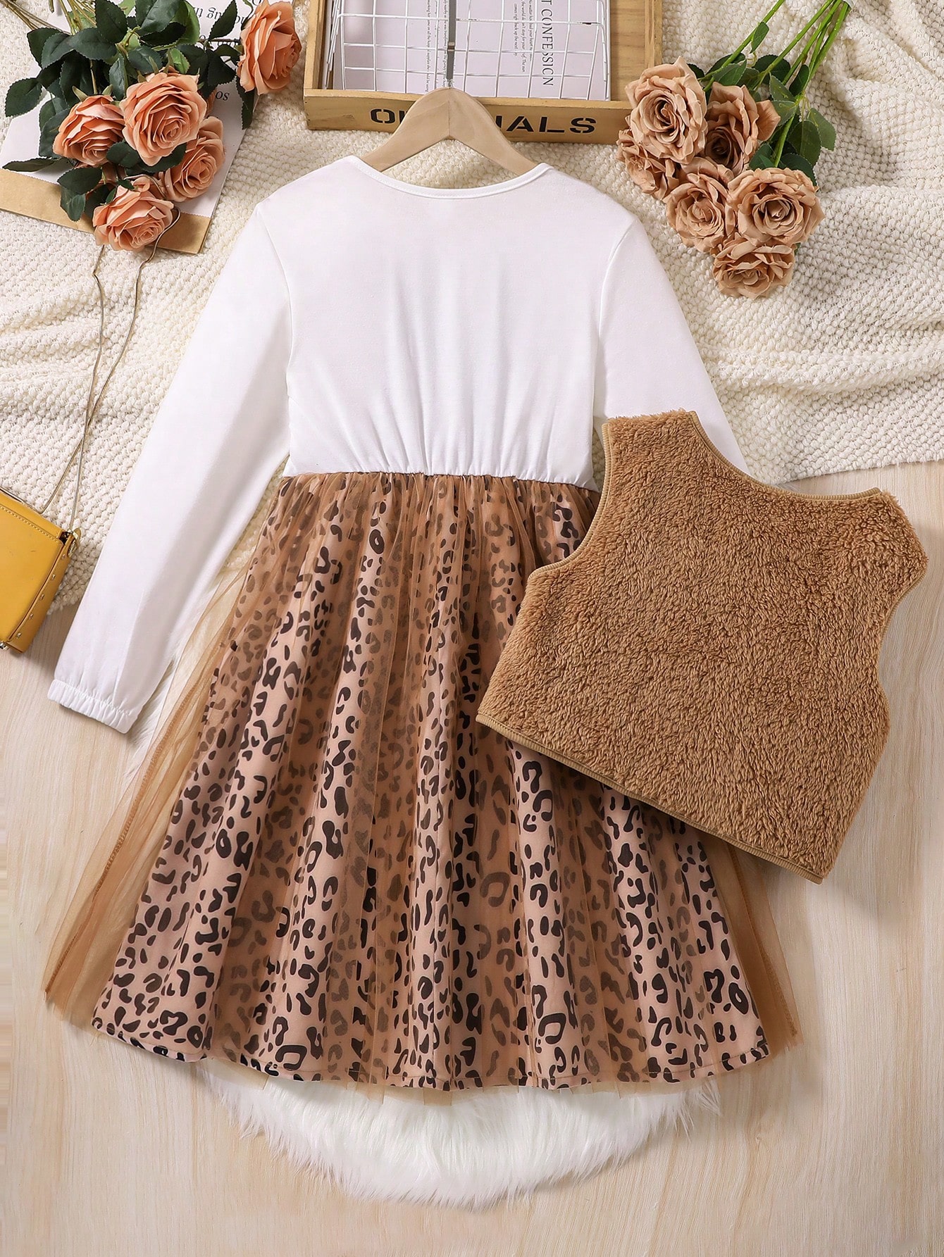 SHEIN Tween Girl Figure Graphic Mesh Overlay Dress & Teddy Vest Jacket ...