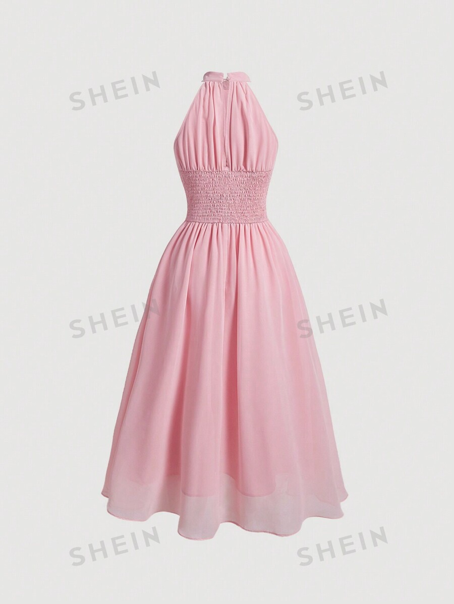 SHEIN MOD Vestido de Verão Rosa em Ruches com Gola de Halter e Detalhes ...