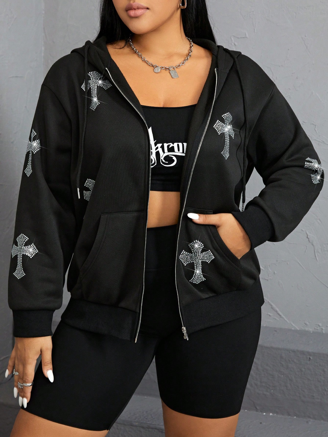 Shein Coolane Plus Rhinestone Cross Pattern Drop Shoulder Drawstring