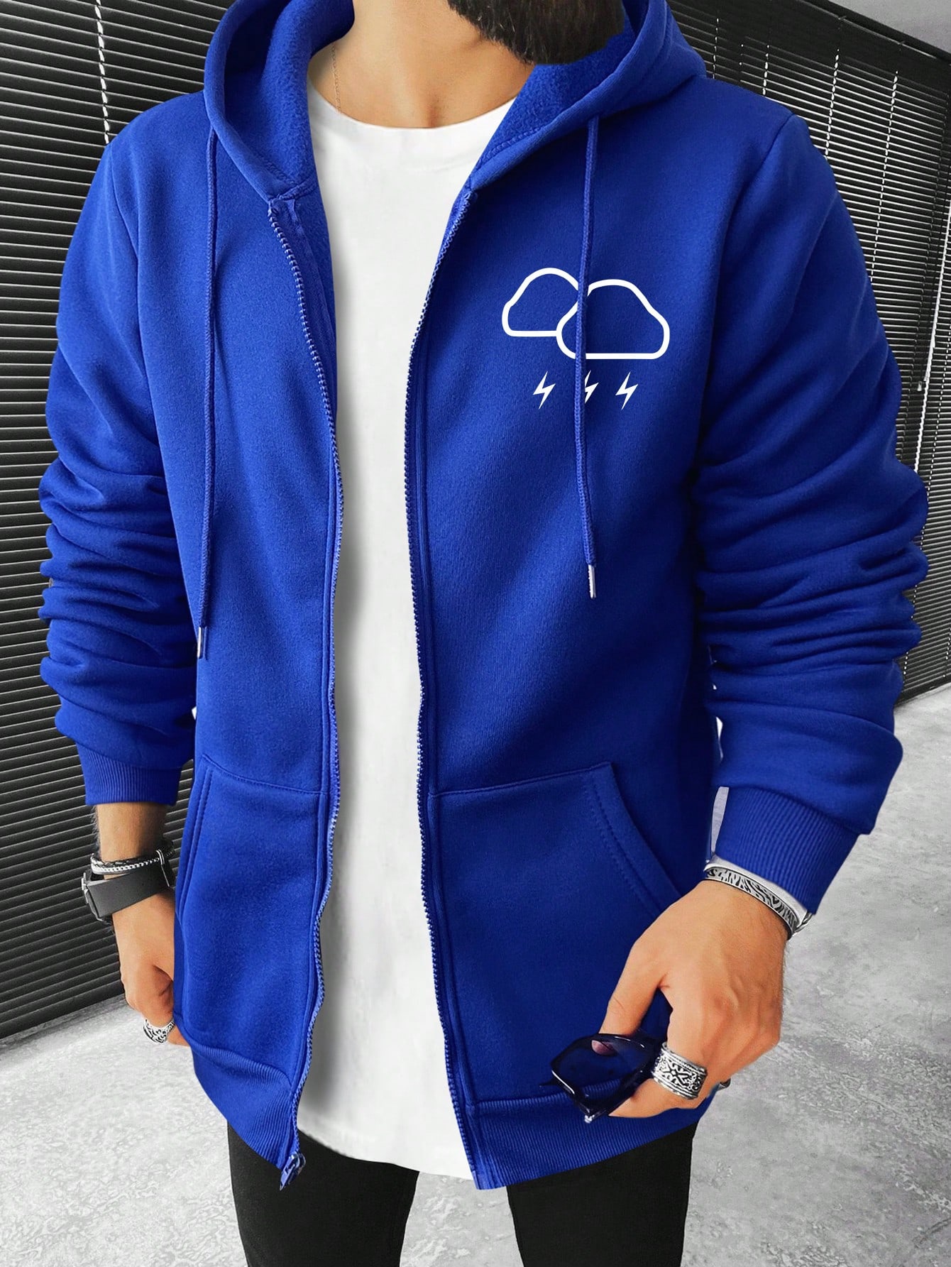 Manfinity Homme Men Cloud & Lightning Print Zip Up Thermal Lined Drawstring Hoodie | SHEIN UK
