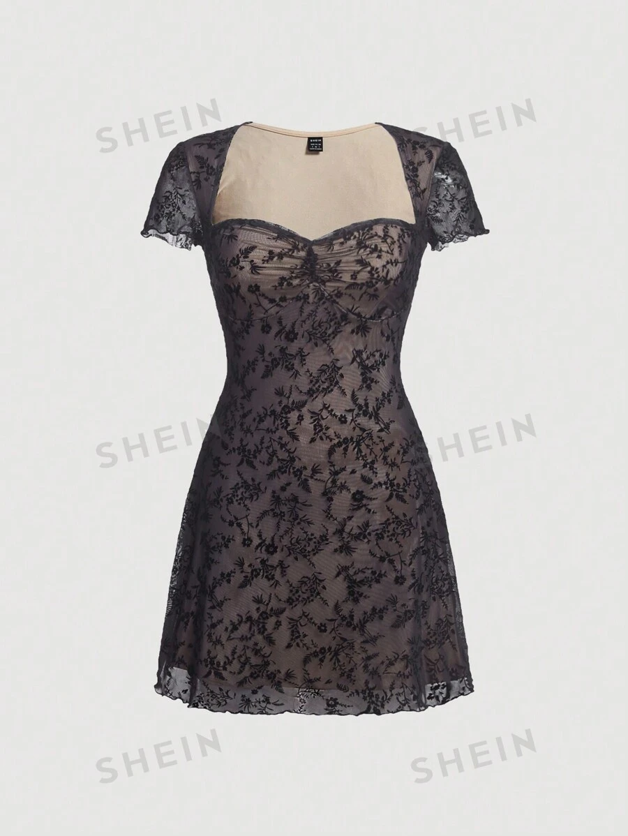 SHEIN MOD Floral Flocking Sweetheart Neck Lace Dress | SHEIN USA