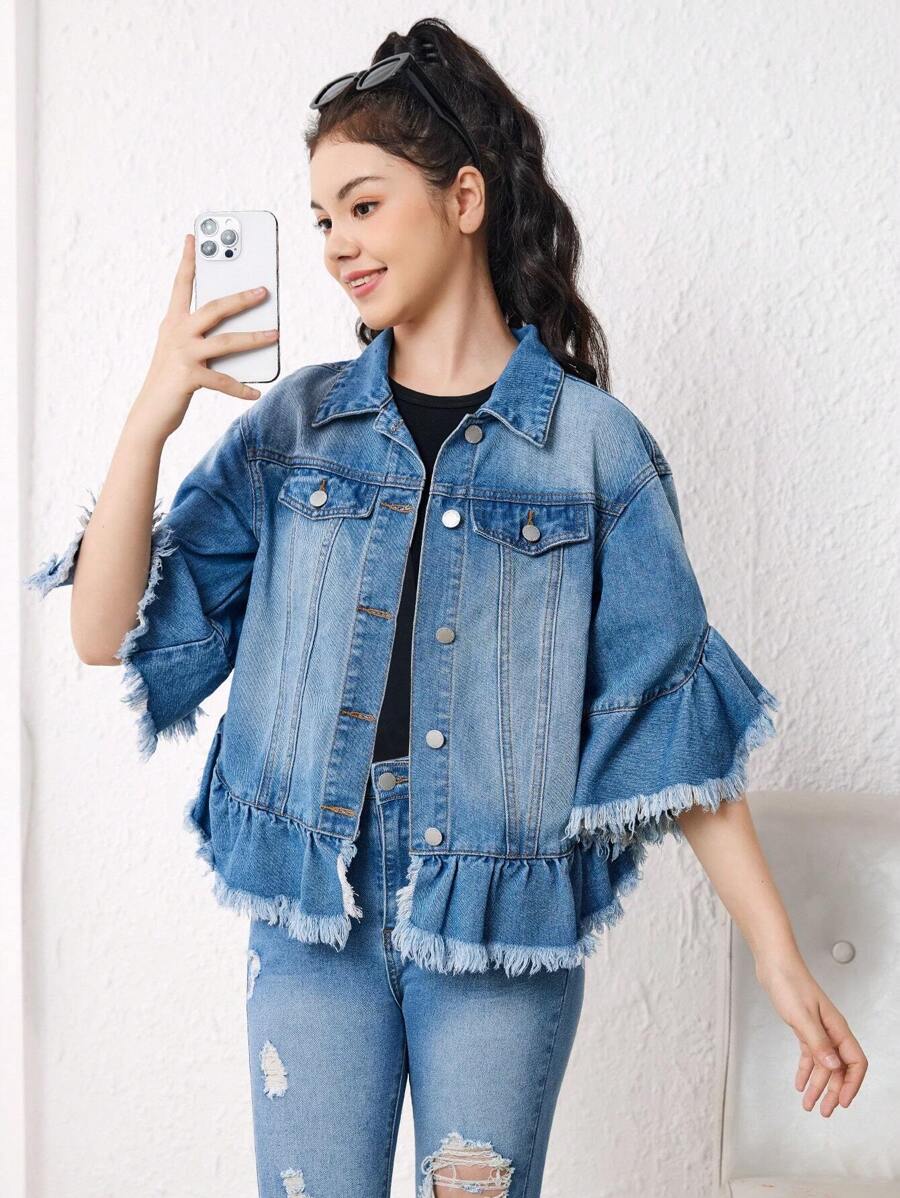 Teen Girl Flounce Sleeve Raw Cut Denim Jacket | SHEIN USA