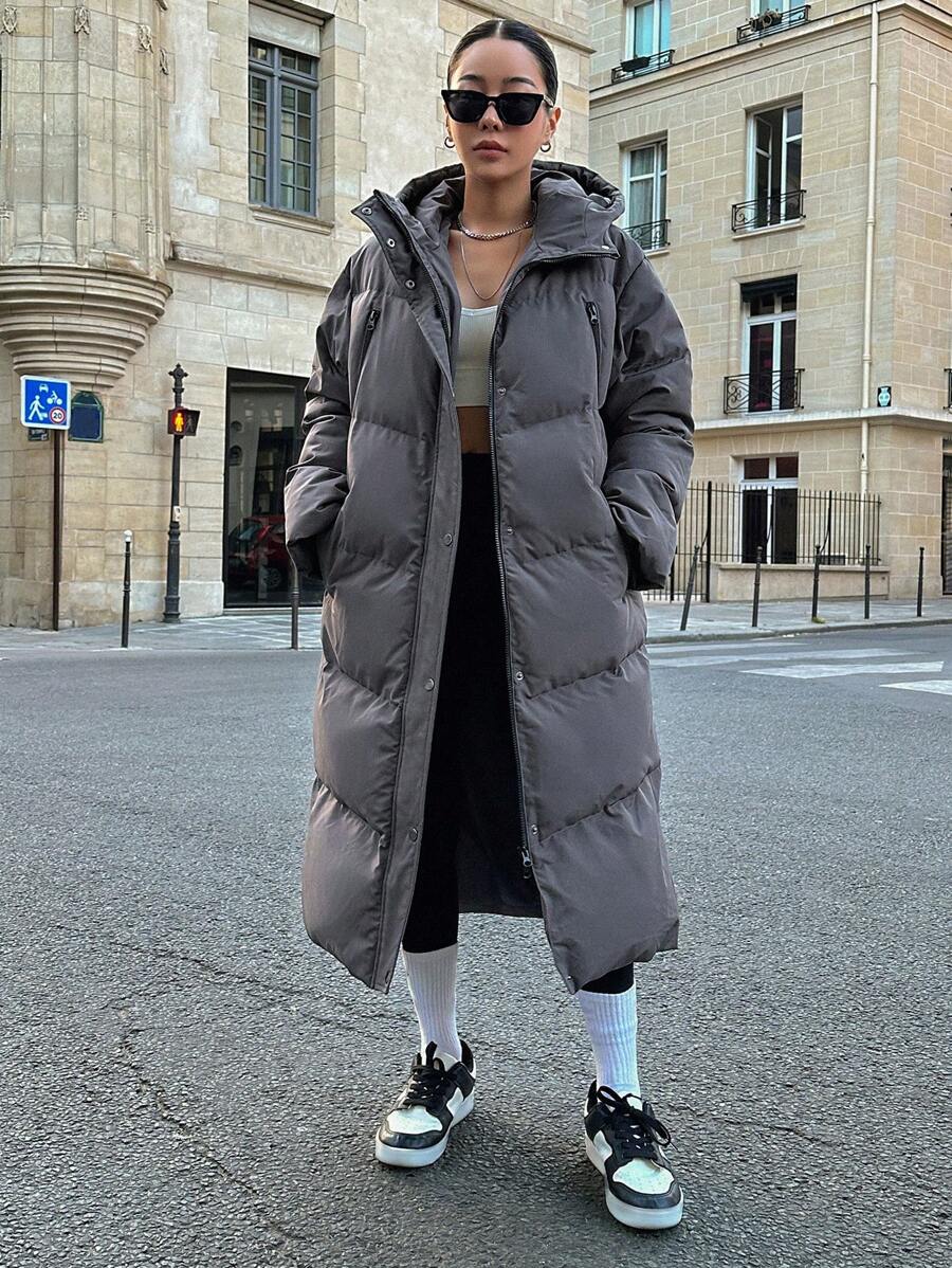 DAZY Zip Up Hooded Longline Puffer Thick Pockets Coat, Winter Women ...