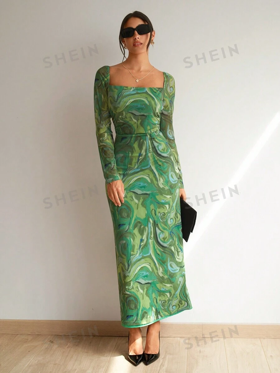 SHEIN Privé Marble Print Contrast Mesh Square Neck Dress | SHEIN USA