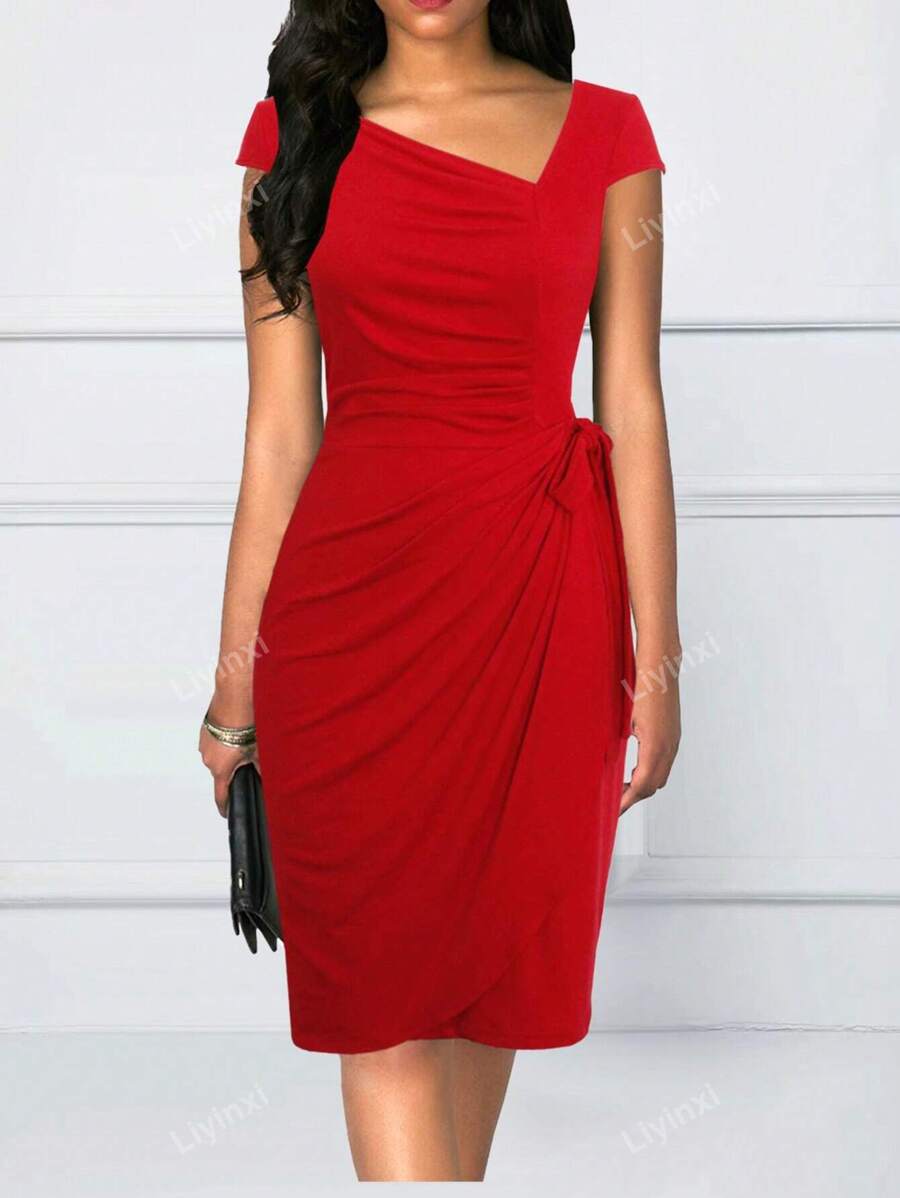 Solid Asymmetrical Neck Knot Side Ruched Wrap Dress | SHEIN USA