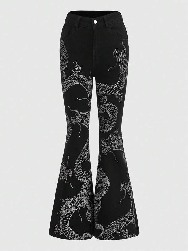 Romwe Grunge Punk Chinese Dragon Print Flare Leg Jeans Shein Usa