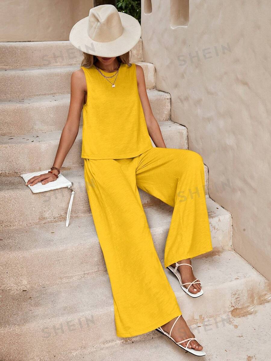 Shein Lune Solid Tank Top And Wide Leg Pants Shein Usa