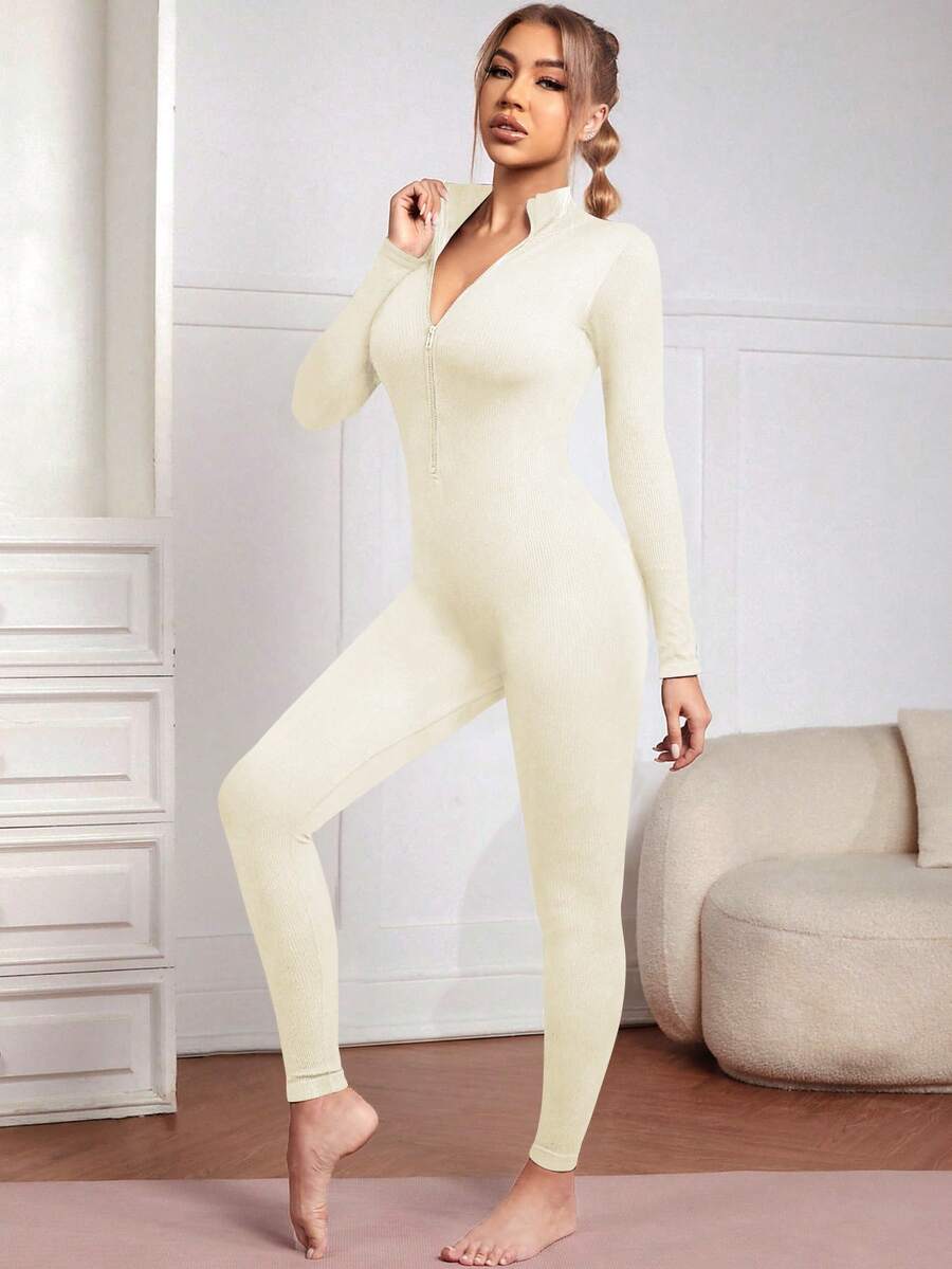 SHEIN Yoga Basic Solid Half Zip Unitard Sports Jumpsuit | SHEIN