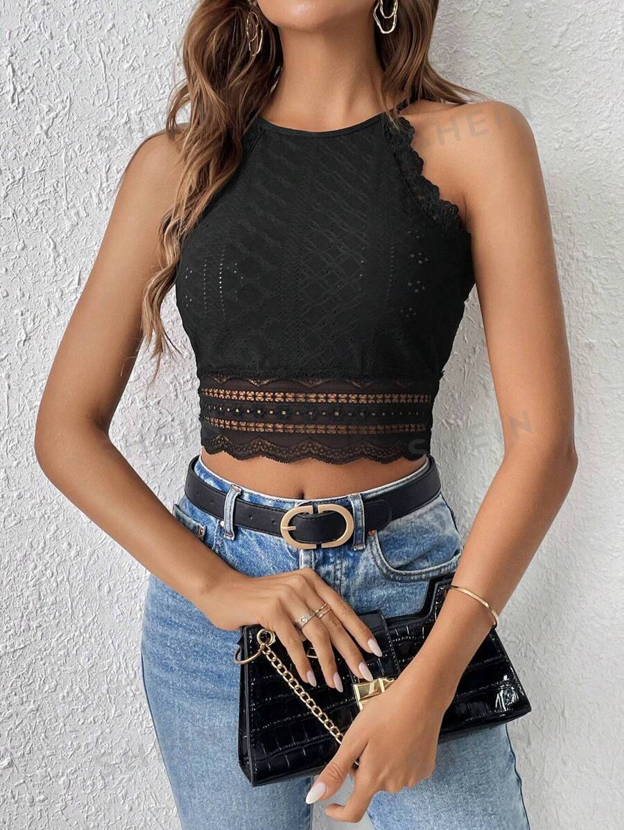 SHEIN Frenchy Guipure Lace Trim Crop Textured Fabric Going Out Tops ...