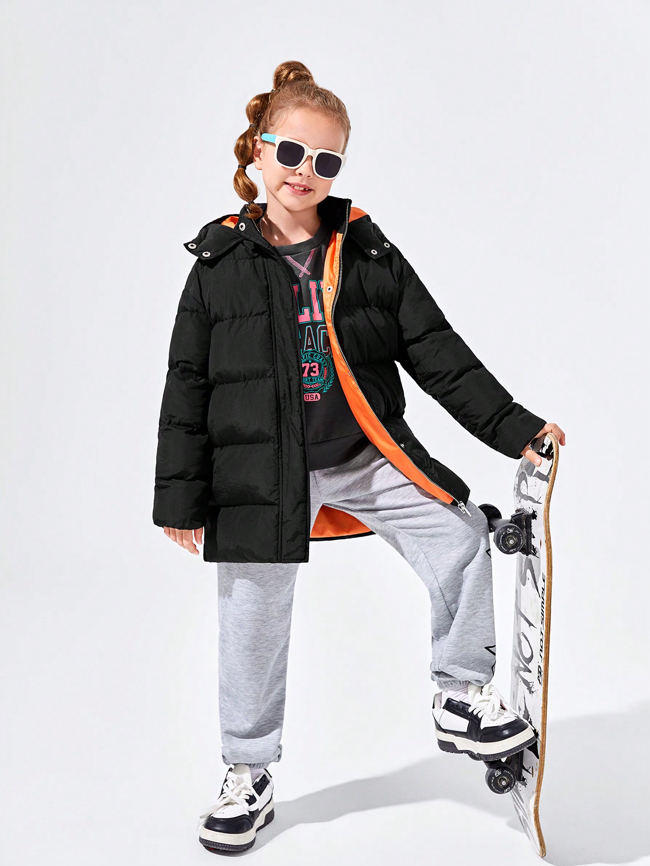 SHEIN Tween Girl Zip Up Snap Button Hooded Puffer Coat | SHEIN UK