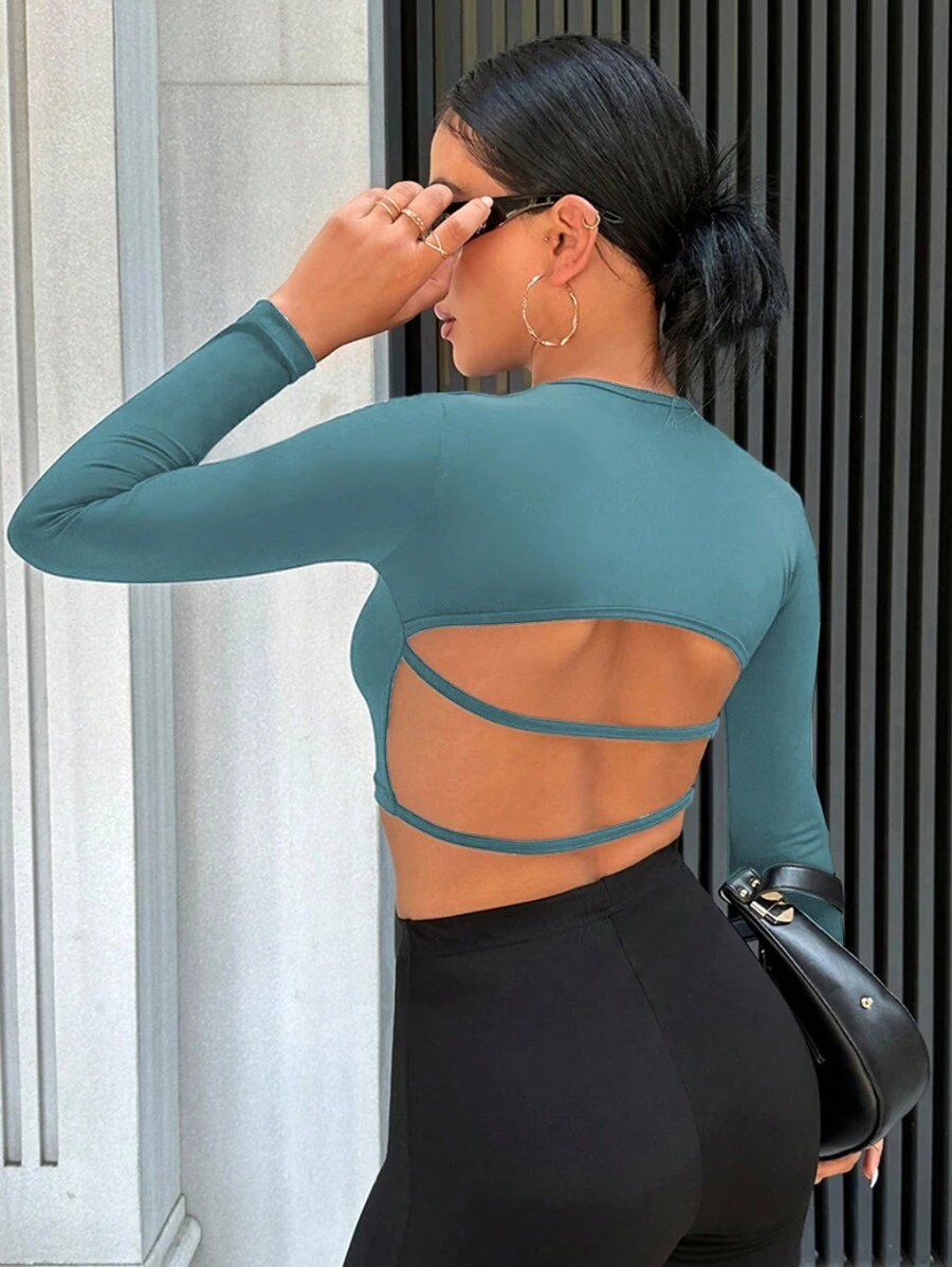 SHEIN PETITE Solid Backless Crop Tee | SHEIN USA