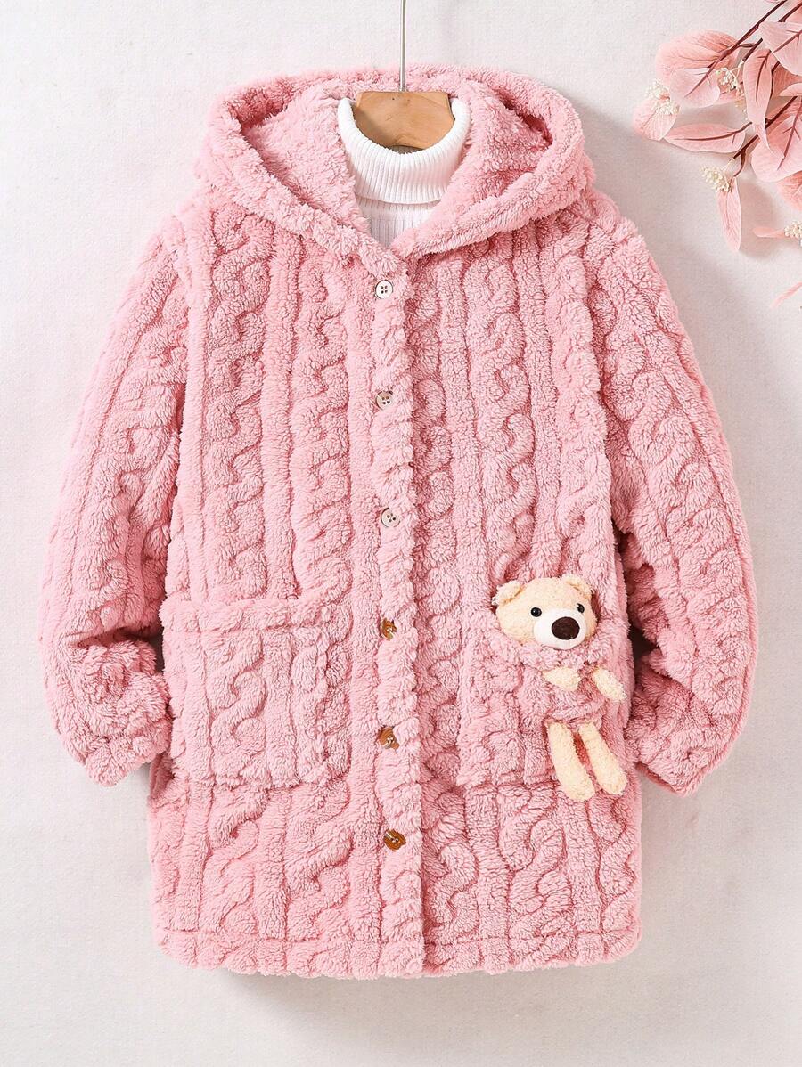 SHEIN Tween Girl 1pc Bear Decor Hooded Teddy Coat | SHEIN USA