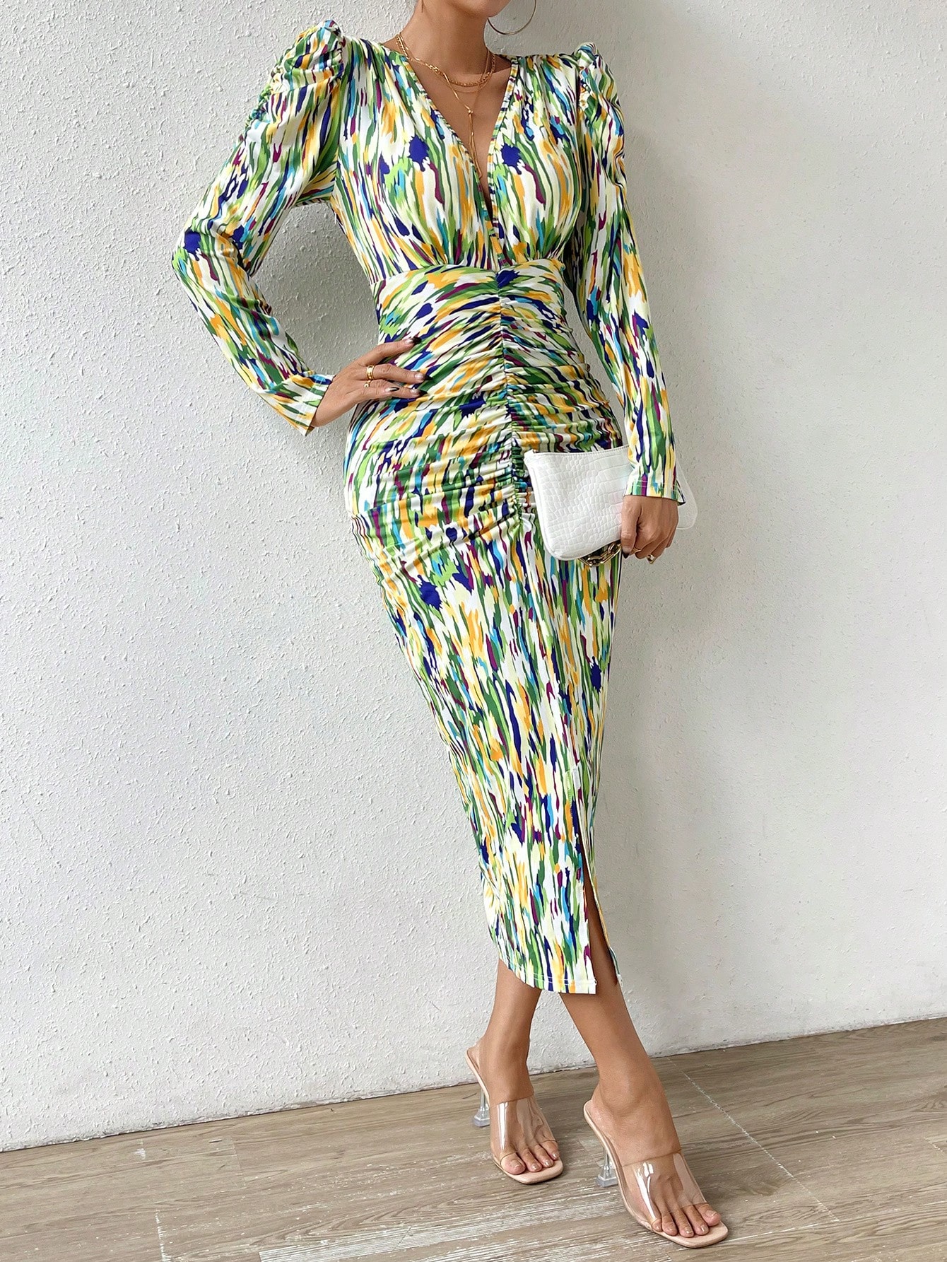 SHEIN Essnce Vestido hasta el muslo con abertura fruncida y estampado ...