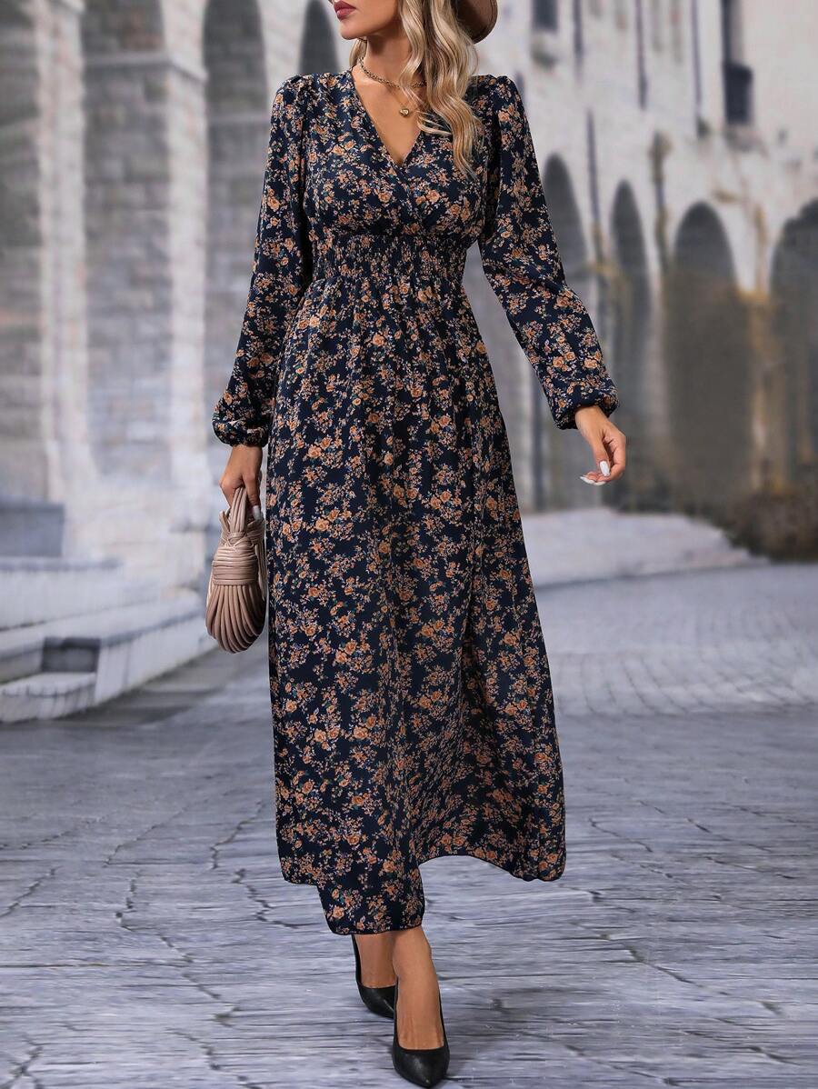 SHEIN LUNE Allover Floral Print Lantern Sleeve Dress Maxi Women Outfit ...