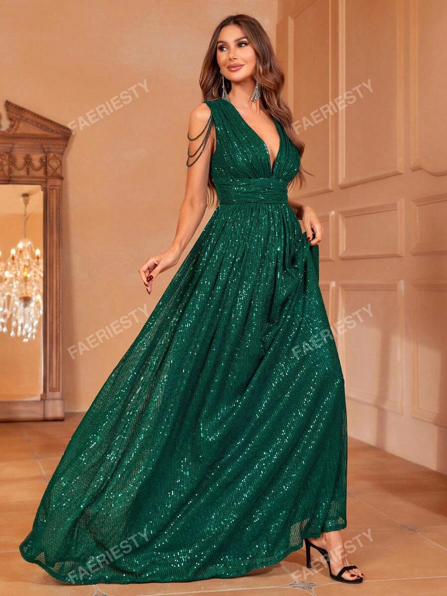 Faeriesty Chain Detail Plunging Neck Christmas Sequin Church Prom Dress ...