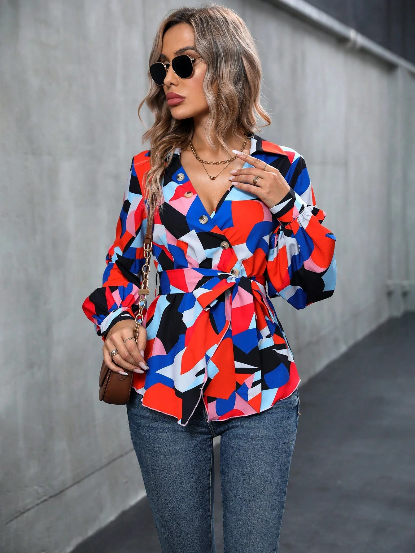 Shein Clasi Allover Print Lantern Sleeve Belted Blouse Shein Usa