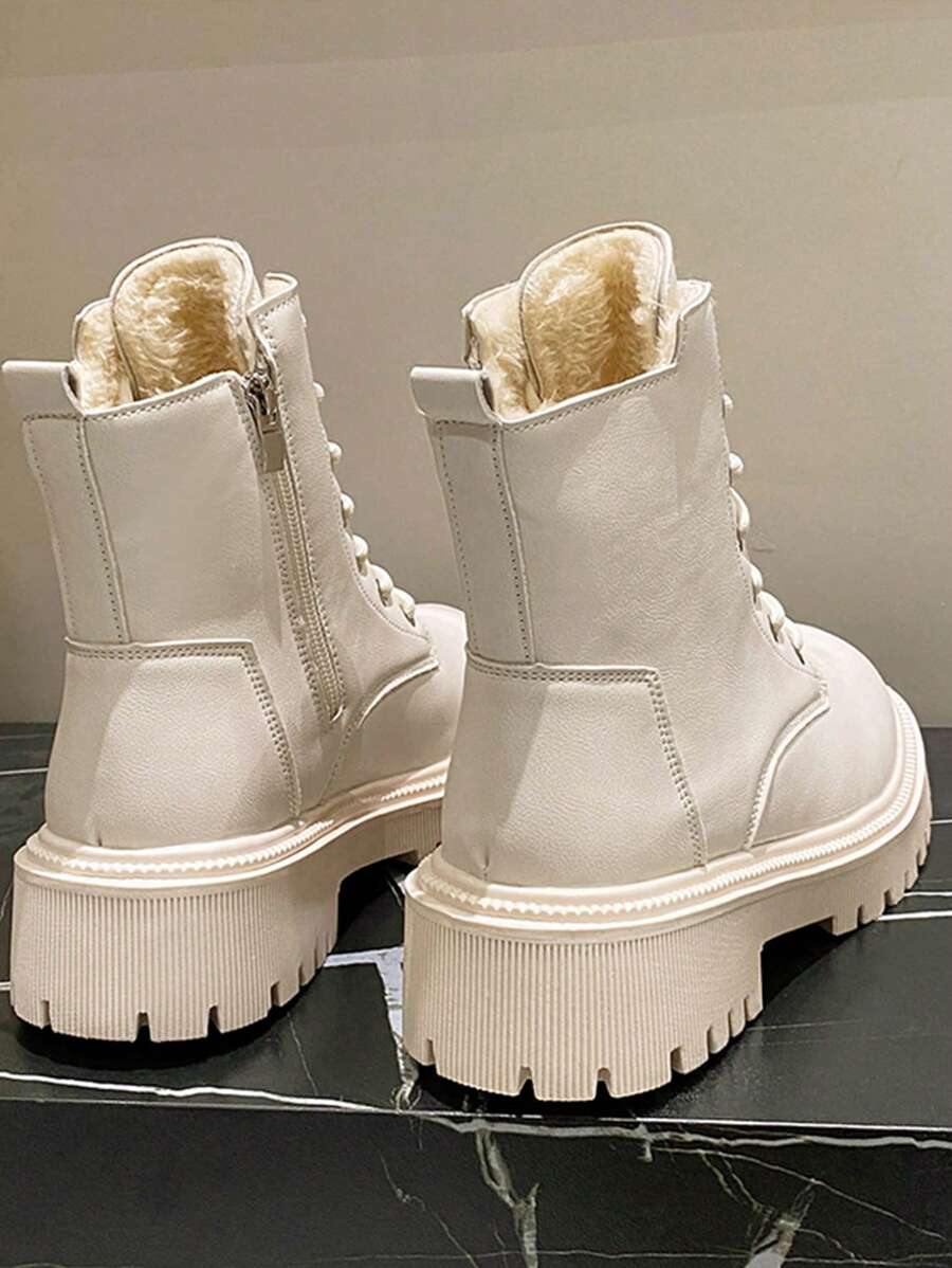 Campus Style Side Zipper & Lace Up Mid Heel Boots With Warm Lining For ...