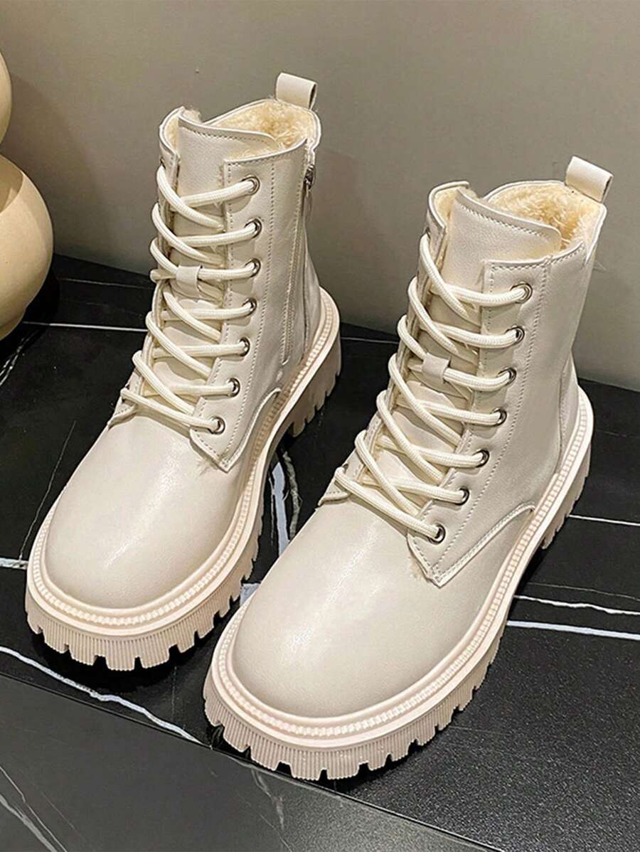Campus Style Side Zipper & Lace Up Mid Heel Boots With Warm Lining For ...