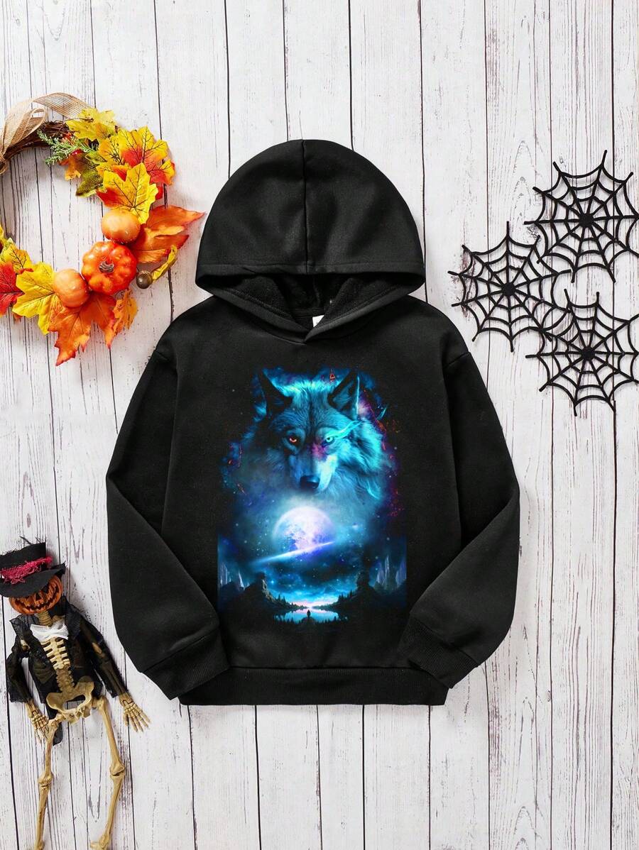 Tween Boy Wolf Print Hooded Thermal Lined Sweatshirt | SHEIN USA