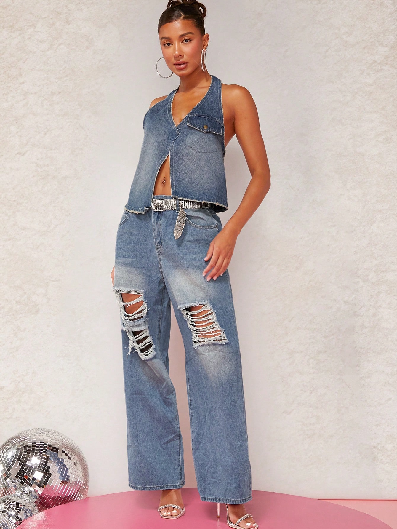 Flap Pocket Backless Halter Denim Top | SHEIN USA