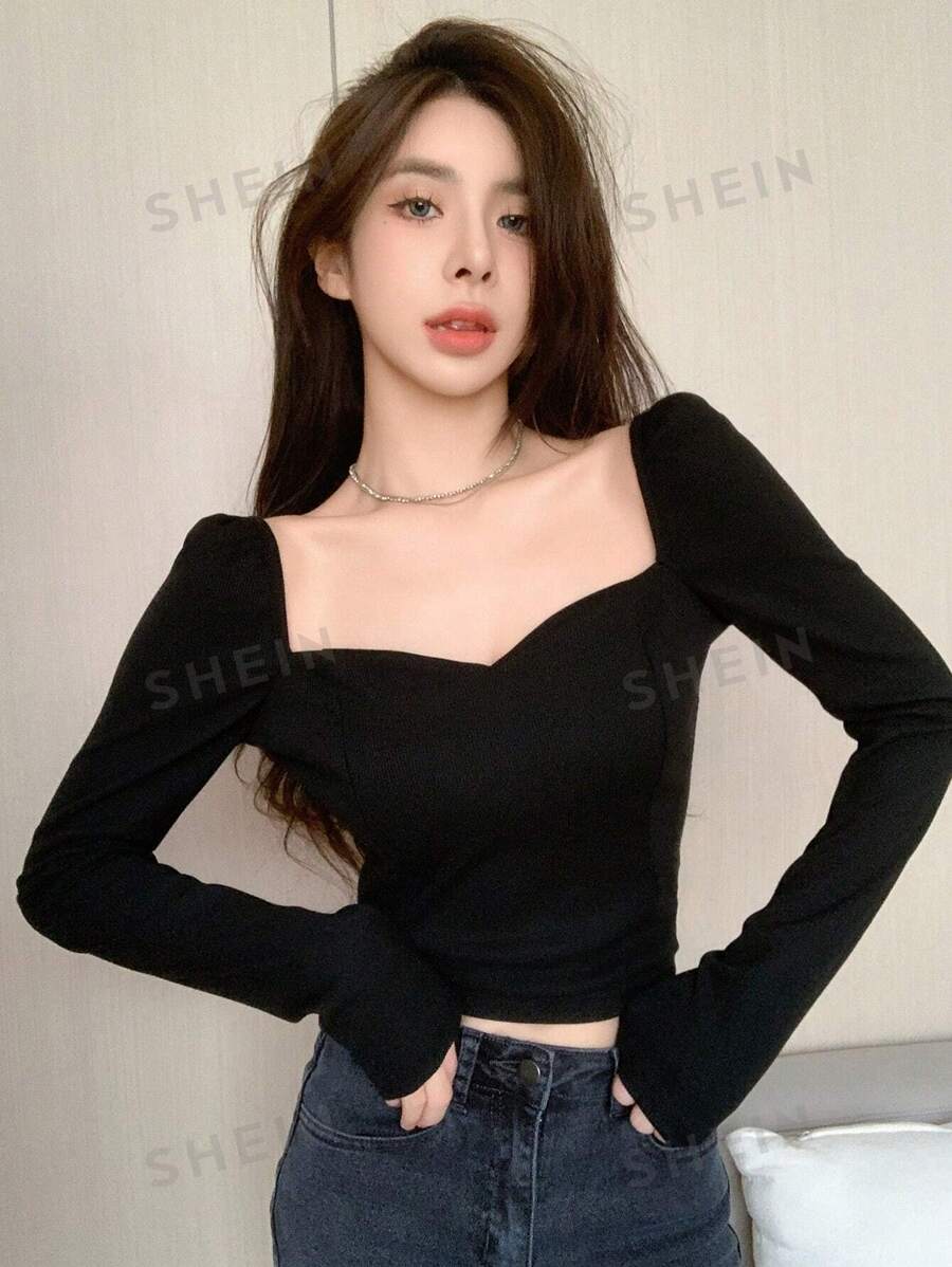 DAZY Solid Sweetheart Neck Crop Tee | SHEIN USA