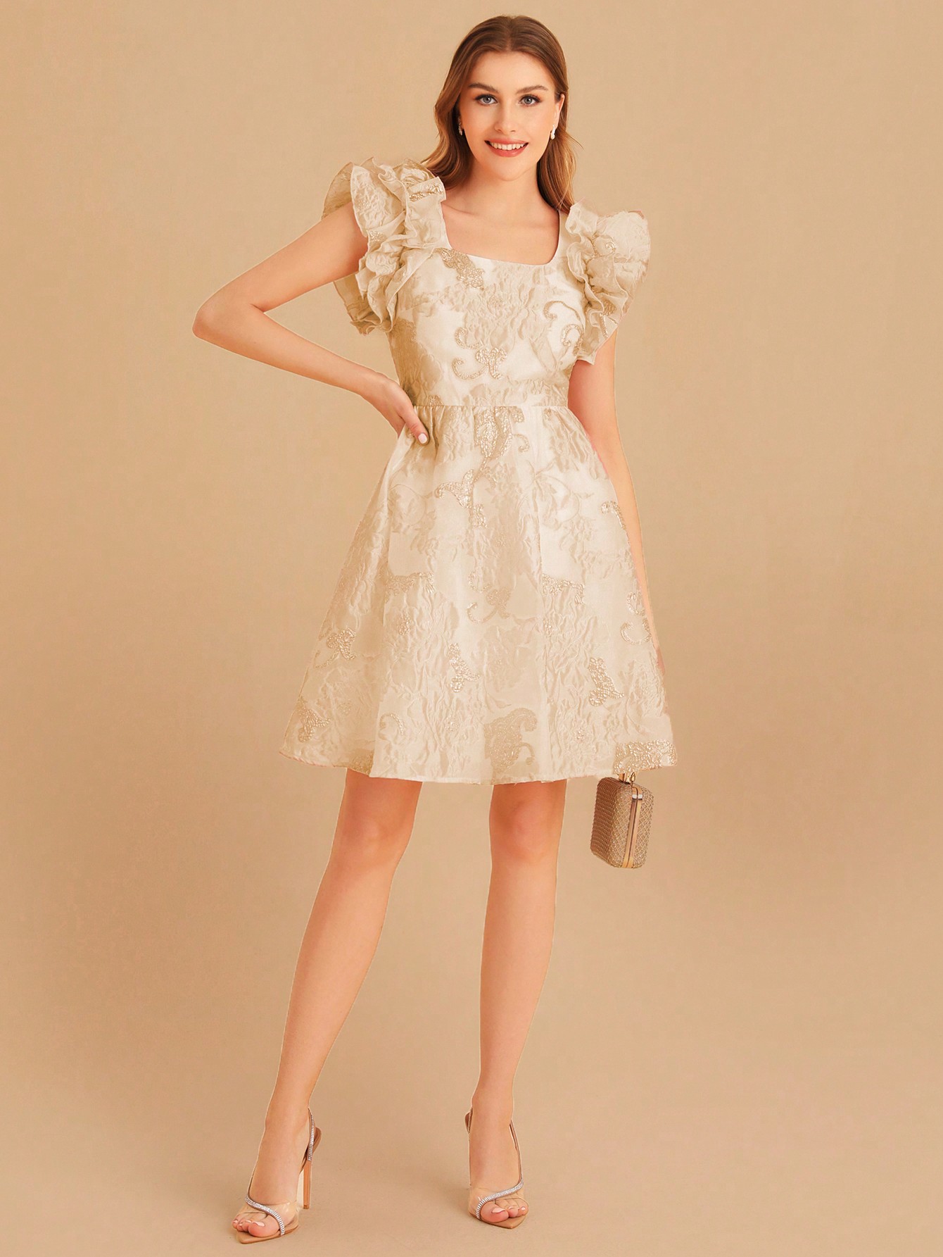 Shein Belle Floral Jacquard Ruffle Trim Square Neck Ruffle Trim Dress