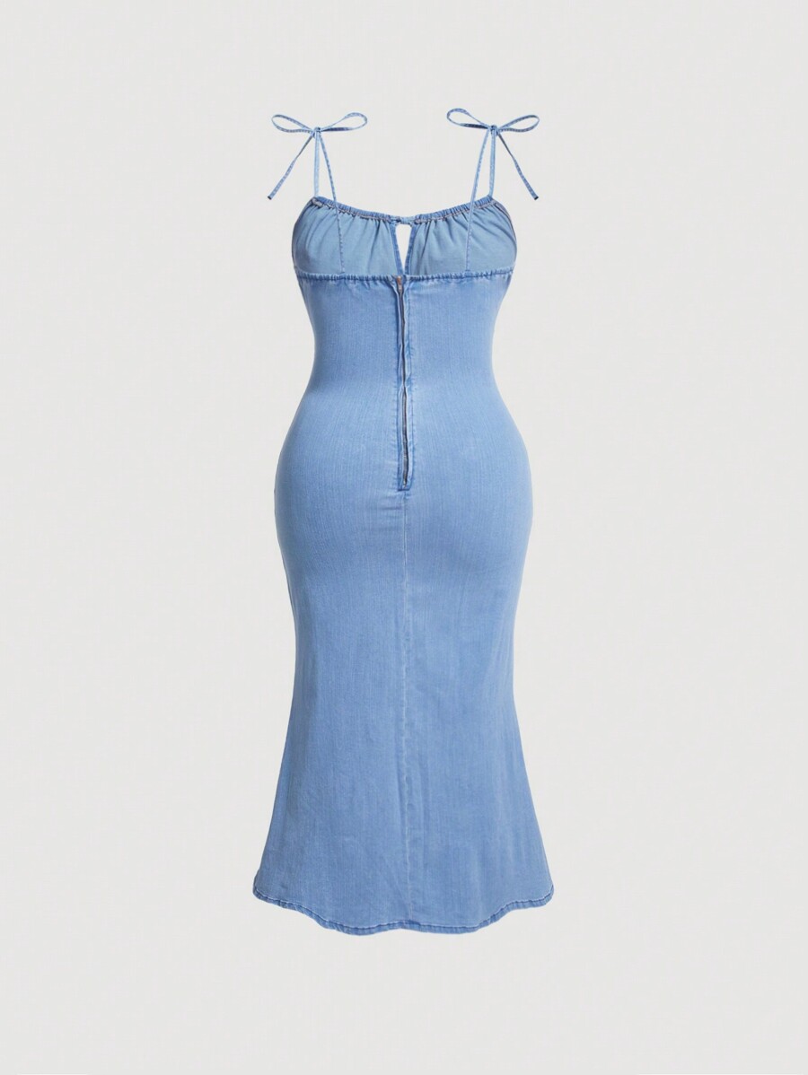 Shein Mod Plus Tie Shoulder Ruched Bust Mermaid Hem Denim Dress Shein Usa