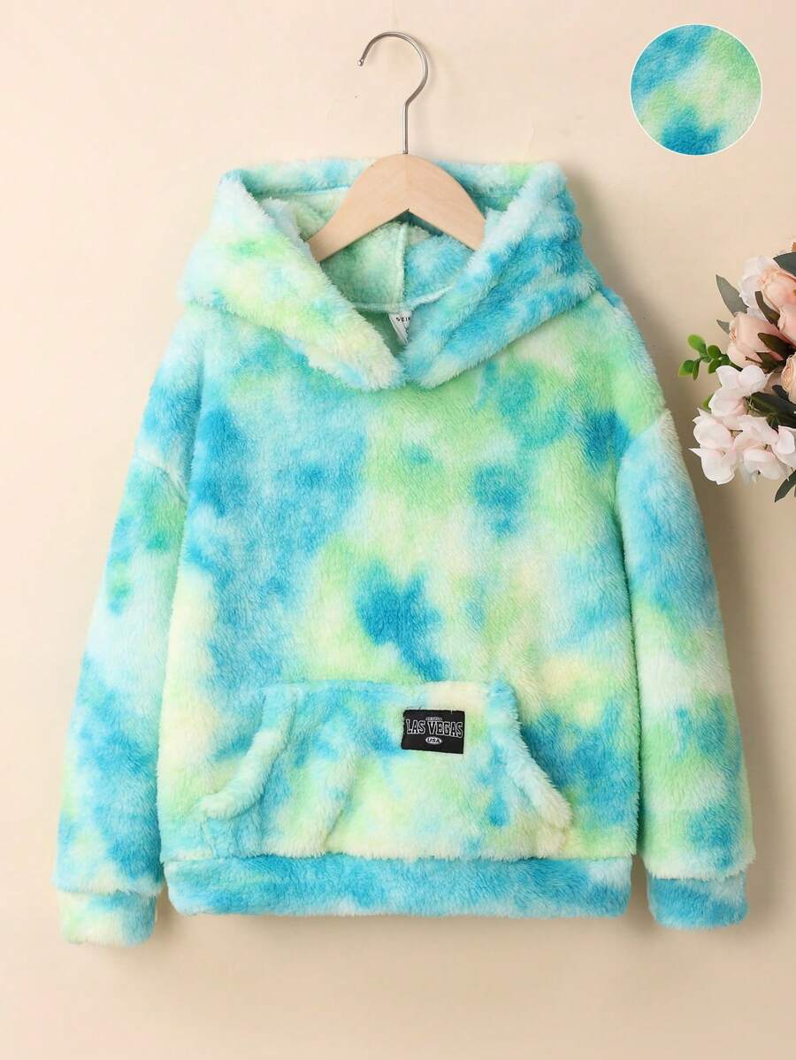 SHEIN Tween Girl Tie Dye Letter Patched Detail Kangaroo Pocket Drop Shoulder Teddy Hoodie ...