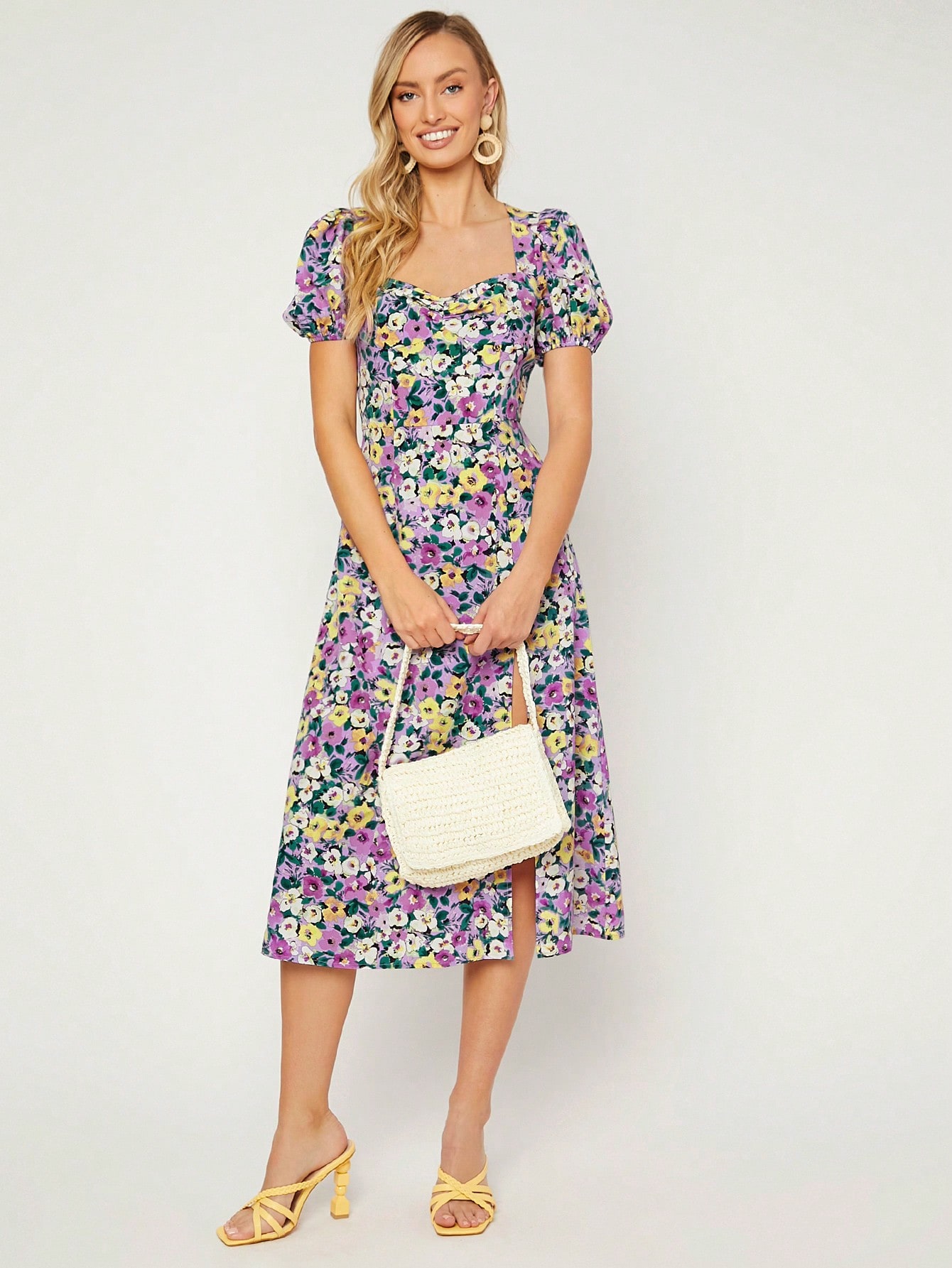 Shein Vcay Allover Floral Print Puff Sleeve Split Thigh Dress Shein Uk