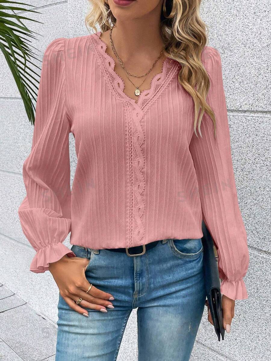 Shein Vcay Guipure Lace Trim Flounce Sleeve Blouse Shein Euqs