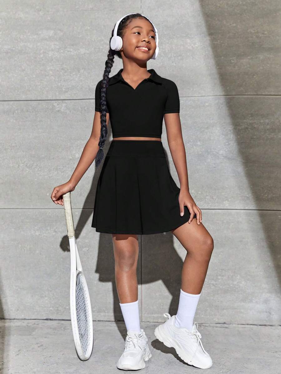 SHEIN Tween Girl Solid Pleated Hem Active Set | SHEIN UK