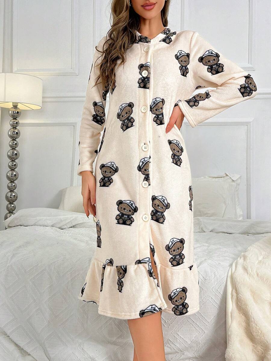 Bear Pattern Button Front Flannel Hooded Nightdress | SHEIN USA
