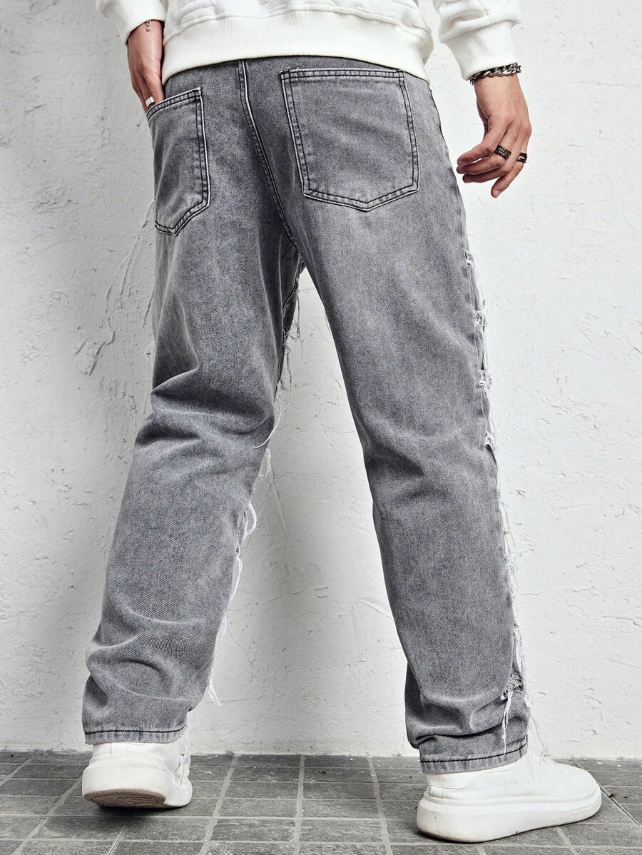Manfinity EMRG Men Raw Trim Straight Leg Jeans Baggy Long Distressed ...