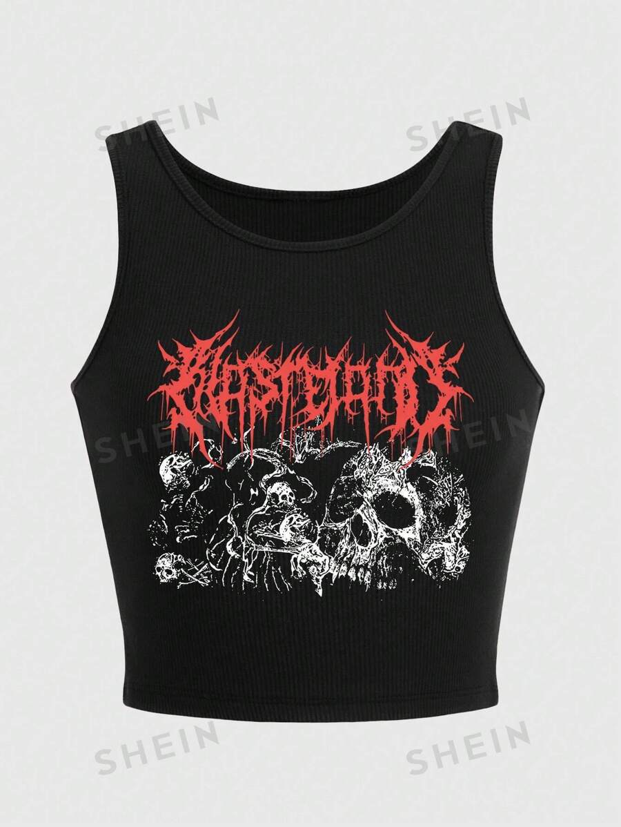 ROMWE Grunge Punk Letter Skull Pattern Patchwork Ripped Fishnet Sleeves ...