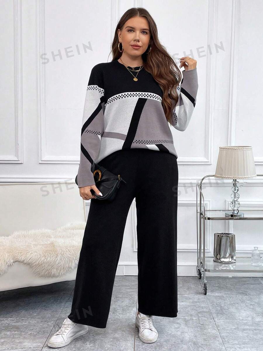 SHEIN LUNE Talla grande Jersey de color combinado con pantalones ...