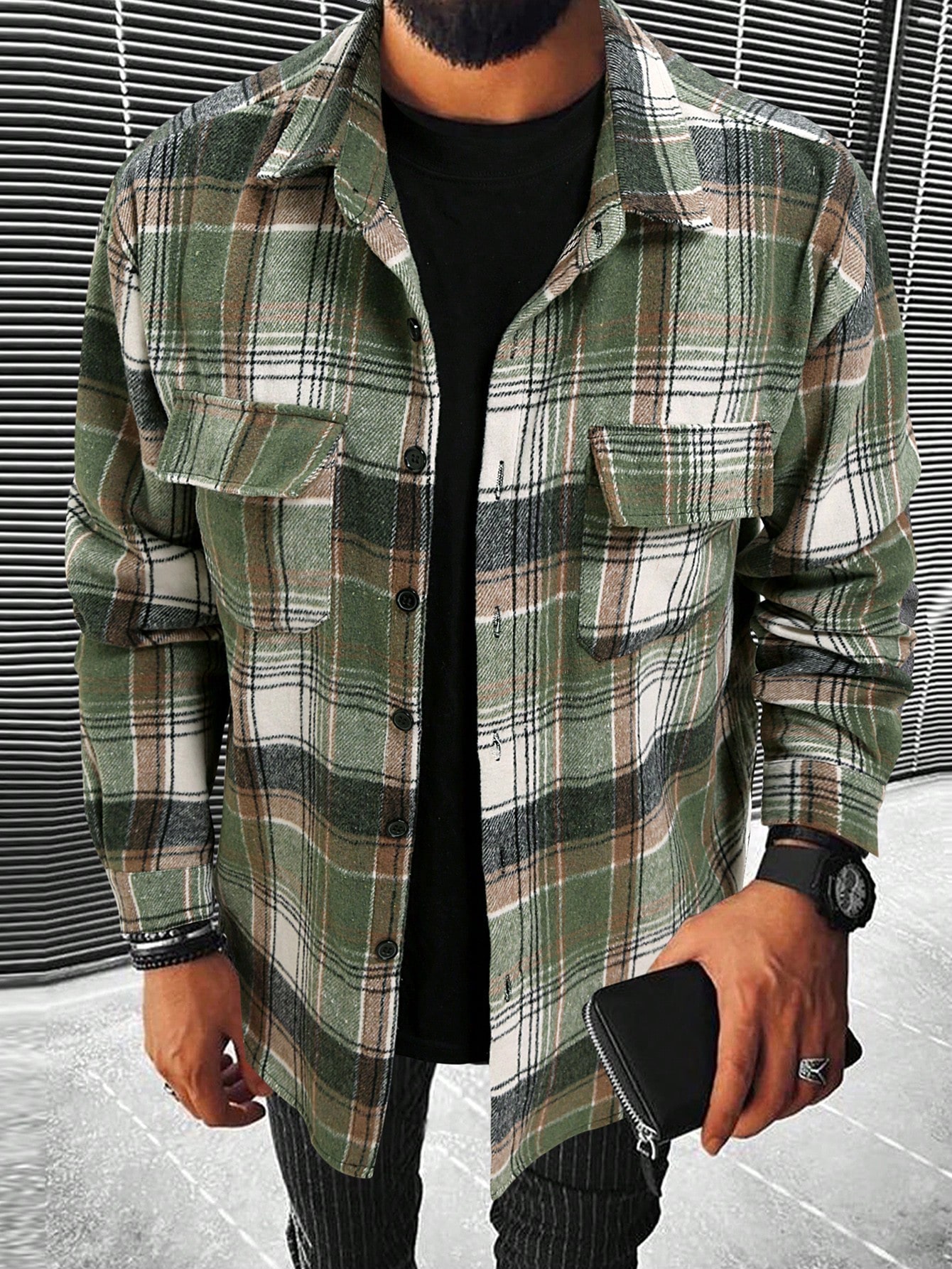 Manfinity Homme Loose Fit Men's Plaid Printed Flap Pocket Shacket | SHEIN USA