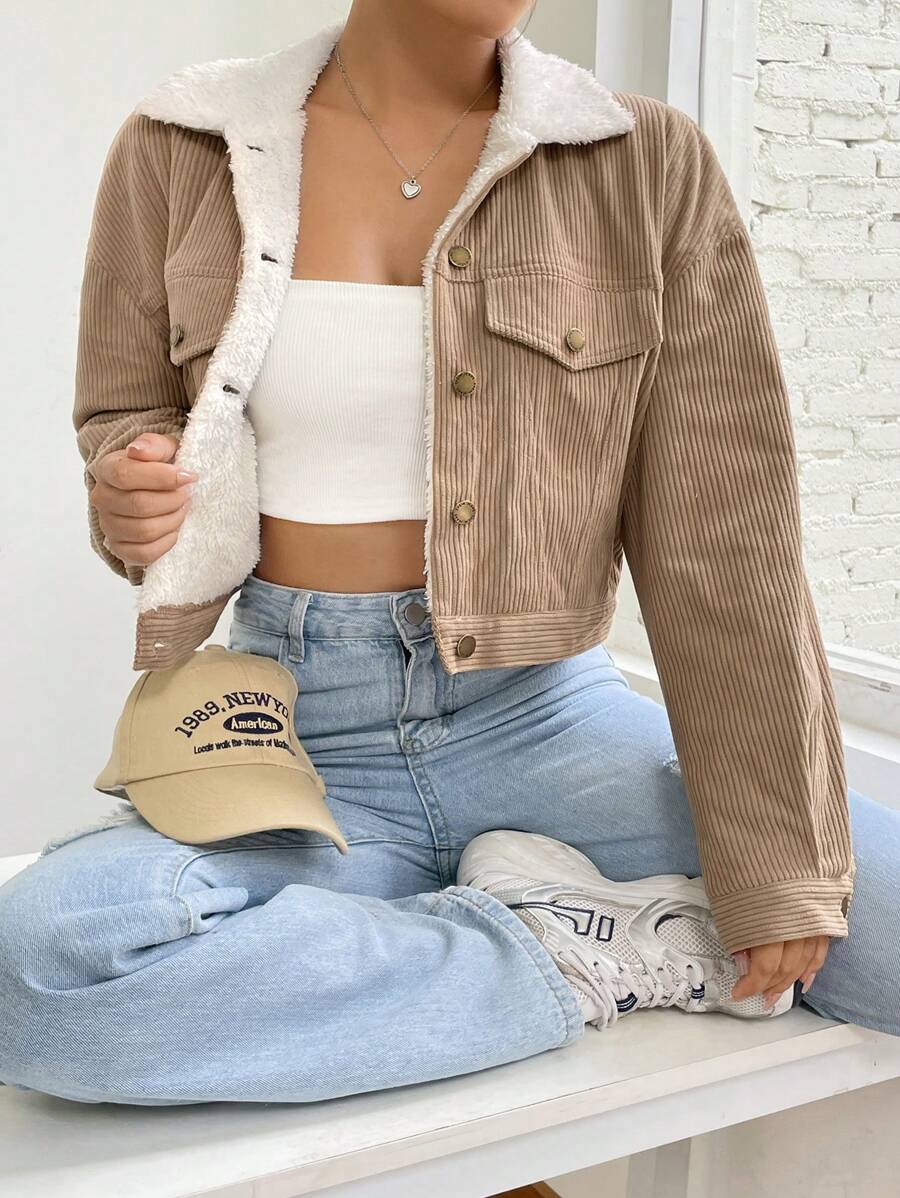 SHEIN EZwear Women's Khaki Fleece Trucker Front Pockets Thick Flap ...