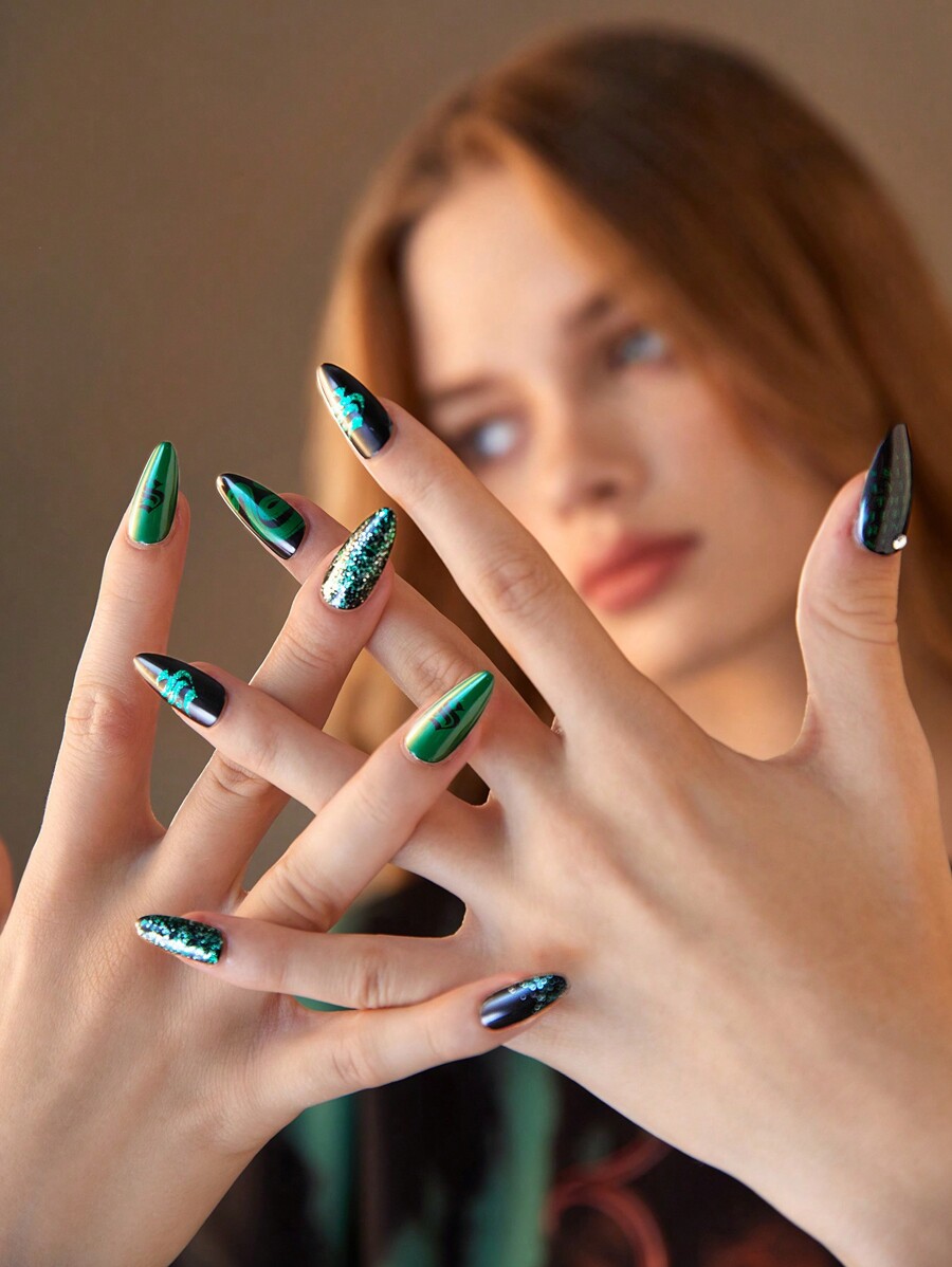 HARRY POTTER X SHEIN House Of Harrypotter Slytherin Pattern False Nail ...