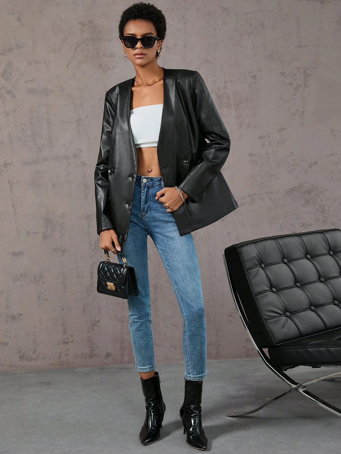 SHEIN BIZwear Double Breasted PU Leather Blazer | SHEIN USA
